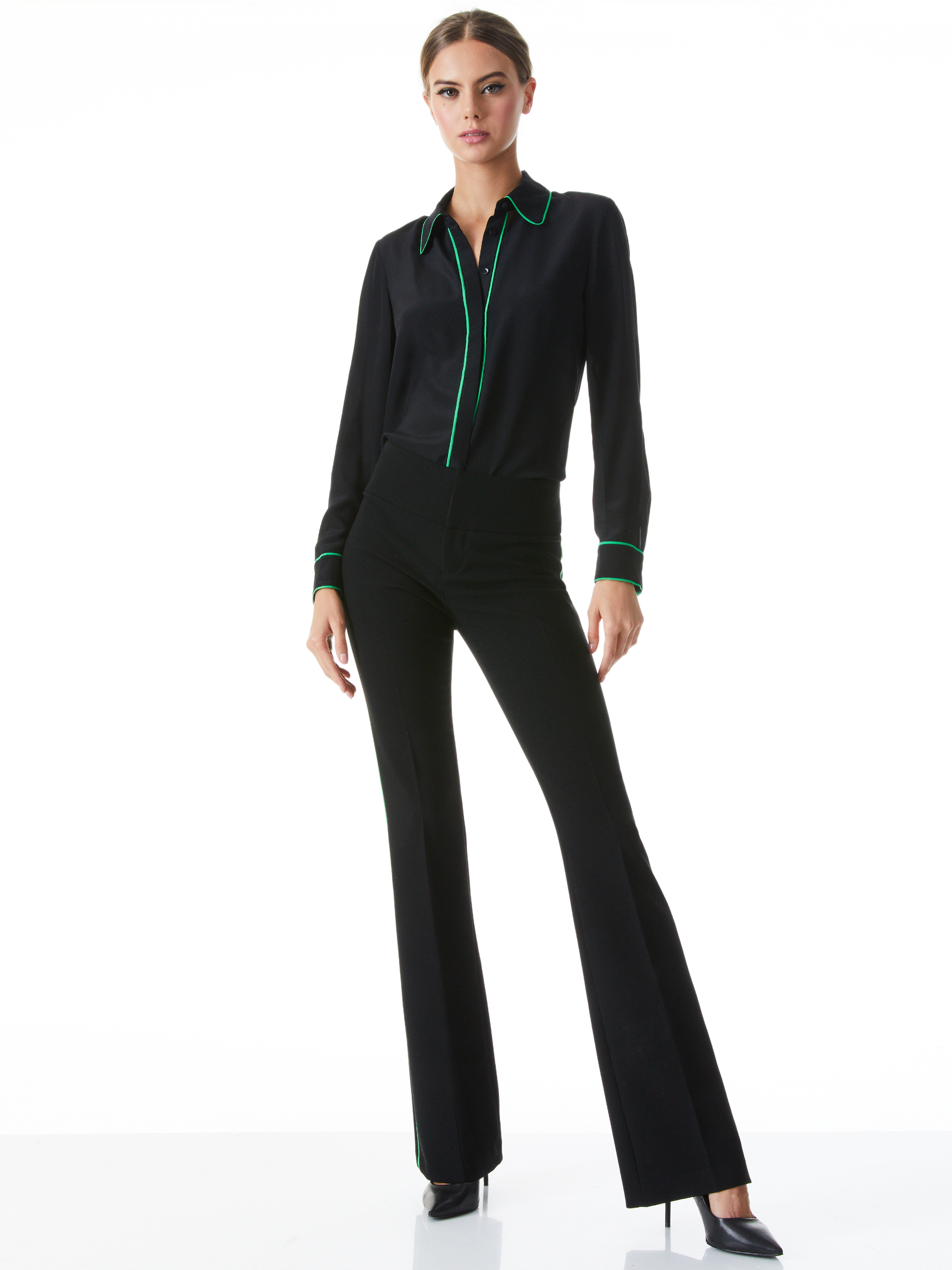 BREANN LONG FITTED BLAZER WITH PIPING + WILLA PIPED PLACKET TOP + OLIVIA BOOTCUT PANT