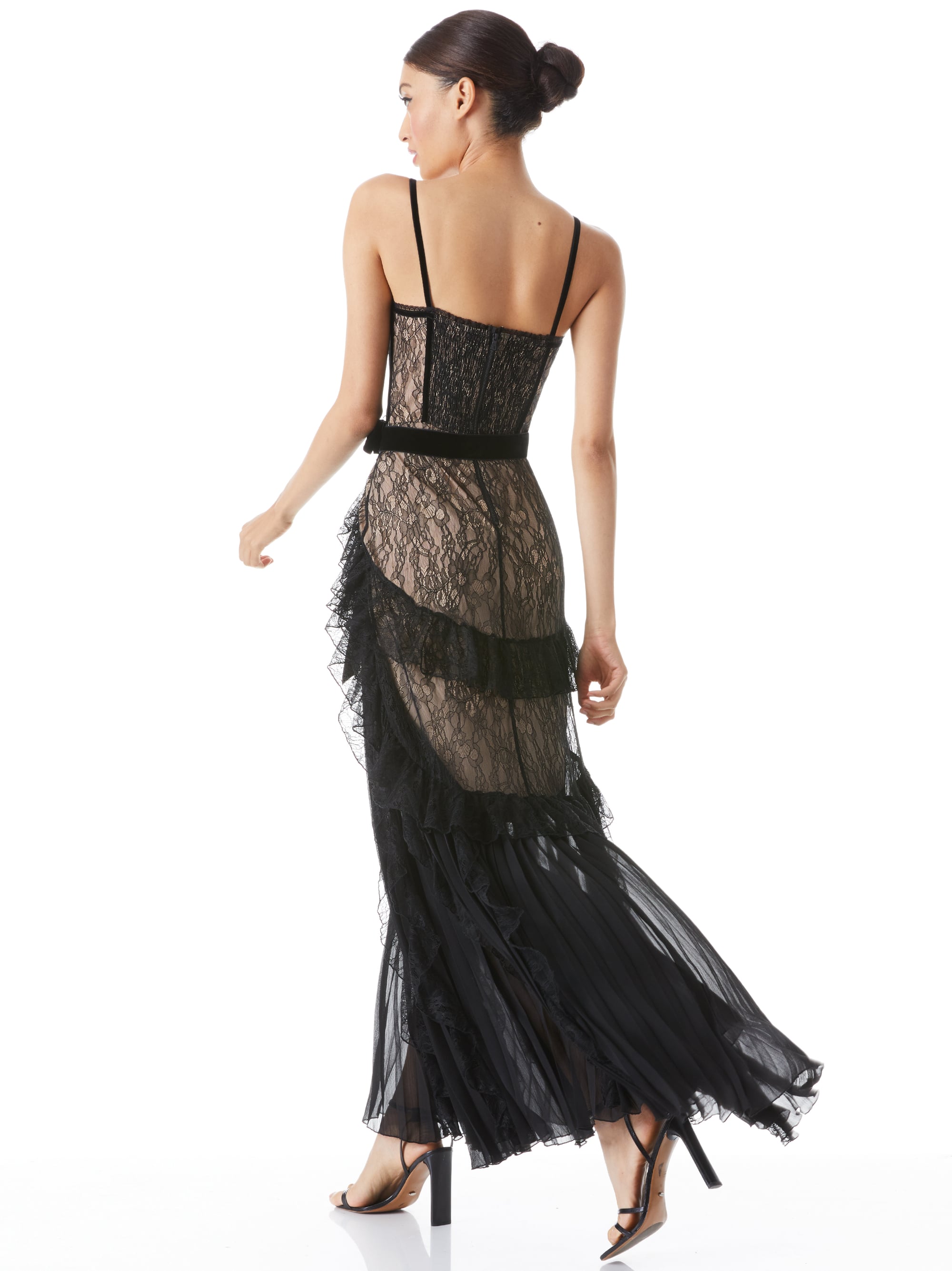 Chantil Lace Ruffle Gown In Black/almond | Alice + Olivia