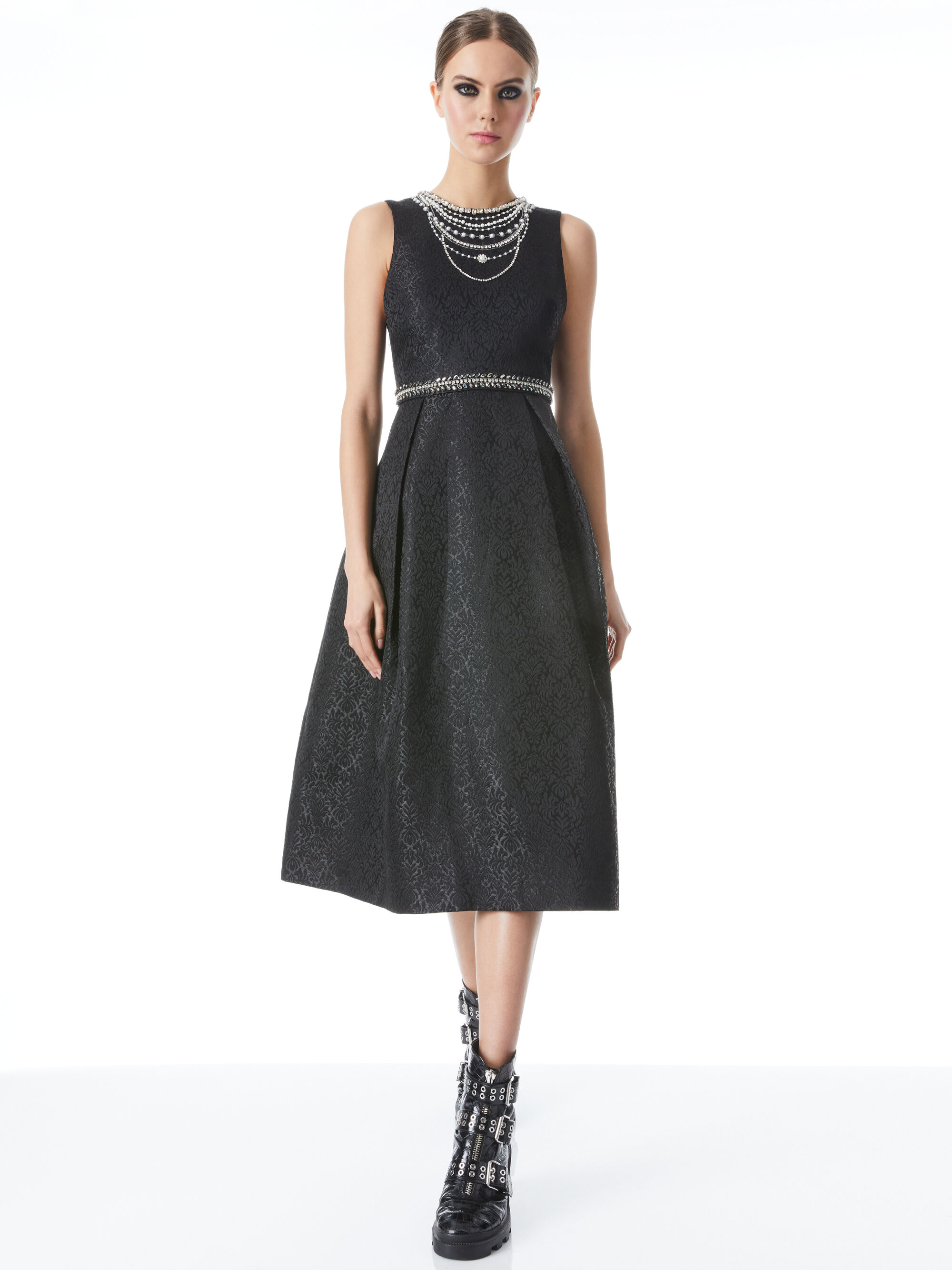 CHERRA PEARL NECK MIDI DRESS in BLACK | ALICE + OLIVIA