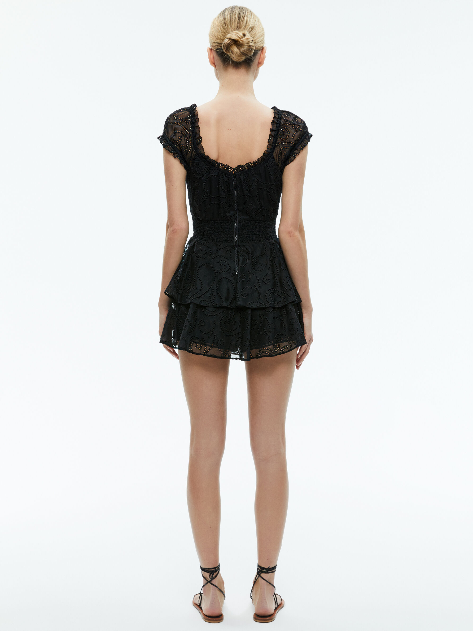 GRACIE RUFFLE ROMPER in BLACK | ALICE + OLIVIA