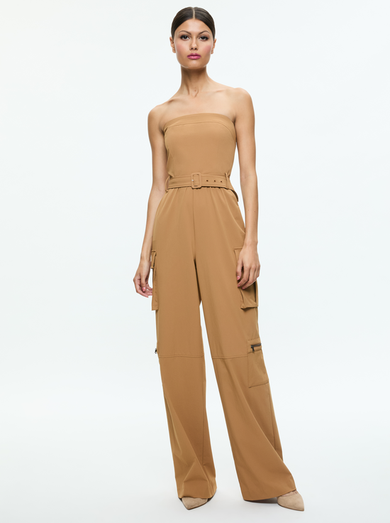 Sachiko Strapless Cargo Jumpsuit In Tan | Alice + Olivia Sachiko Strapless Cargo Jumpsuit In Tan | Alice + Olivia