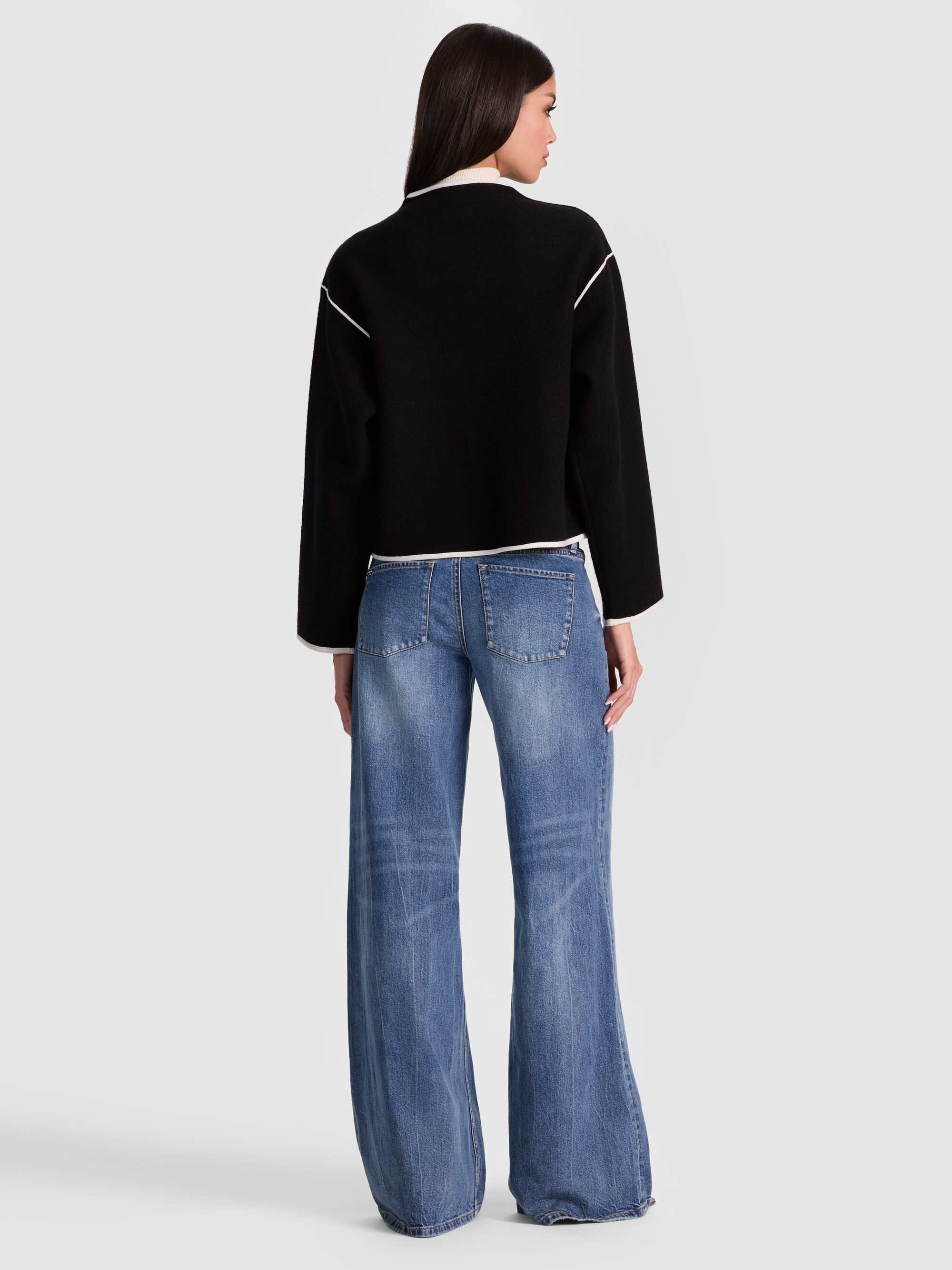 PEARSON SWEATER JACKET in BLACK/SOFT WHITE | ALICE + OLIVIA