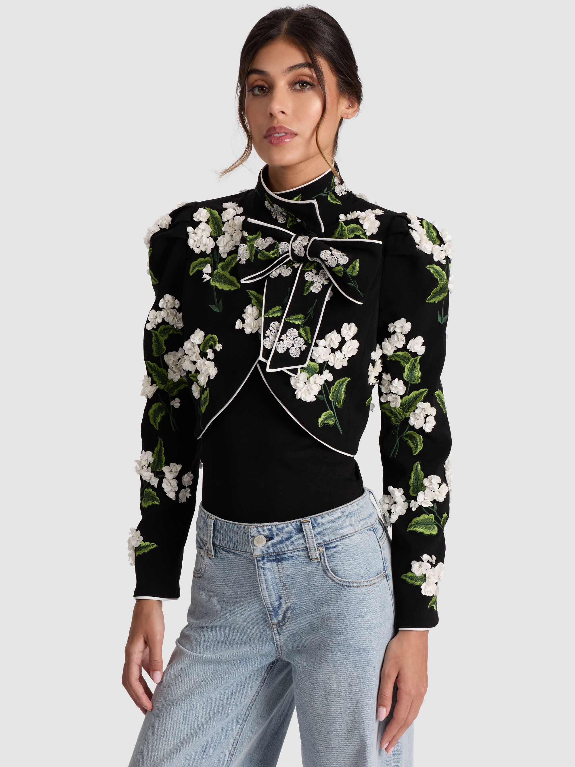 ADDISON BOW JACKET in BLACK/OFF WHITE | ALICE + OLIVIA