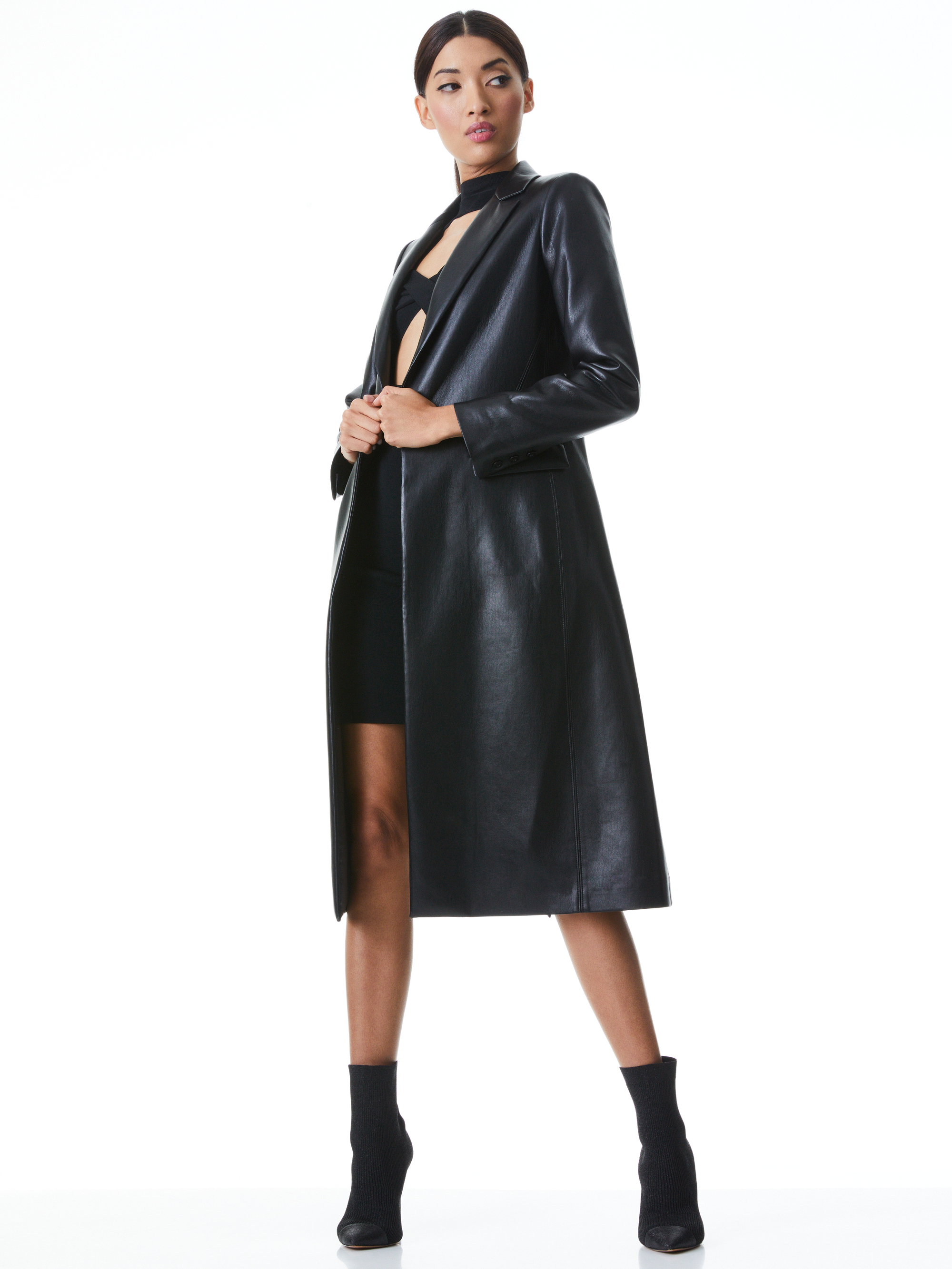 Macey Vegan Leather Long Blazer In Black | Alice + Olivia