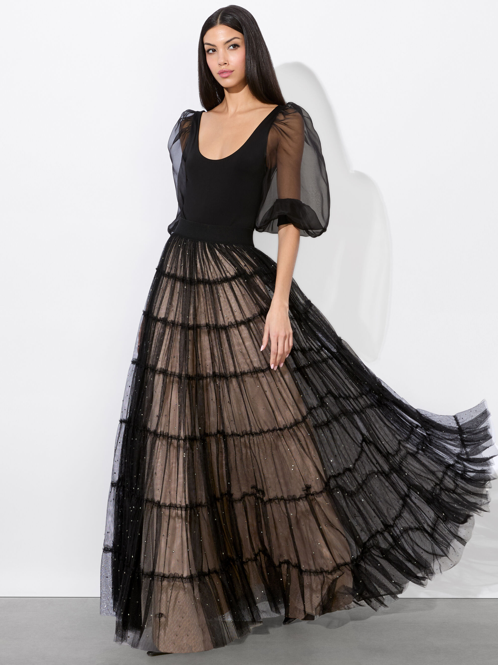 DARCY BALLGOWN SKIRT in BLACK/CRYSTAL | ALICE + OLIVIA