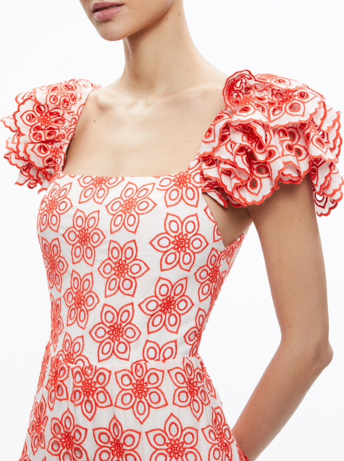TAWNY EYELET SQUARE NECK MAXI DRESS in MULTI | ALICE + OLIVIA