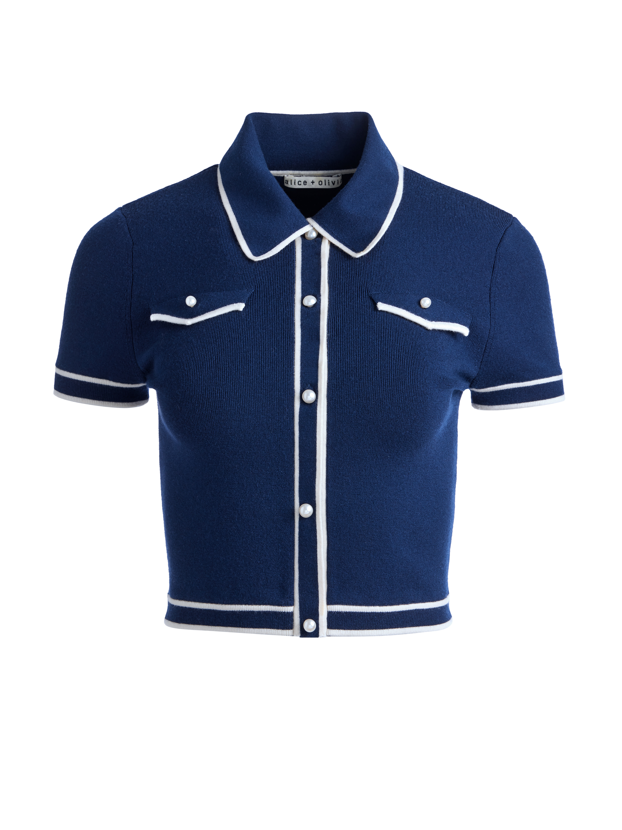 Marlena Button Front Polo In Indigo/ecru | Alice + Olivia
