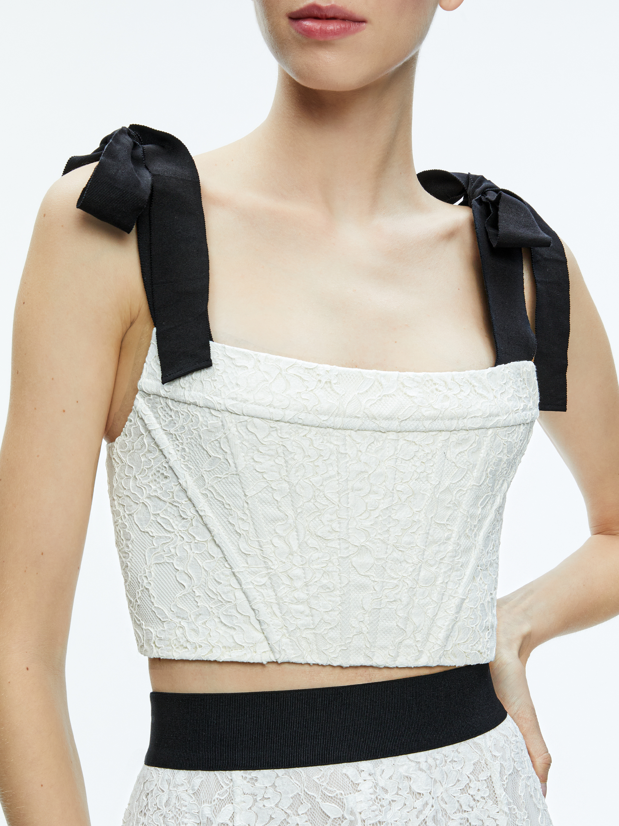 CLARA BOW STRAP BUSTIER CROP TOP + EARLA LACE MIDI SKIRT
