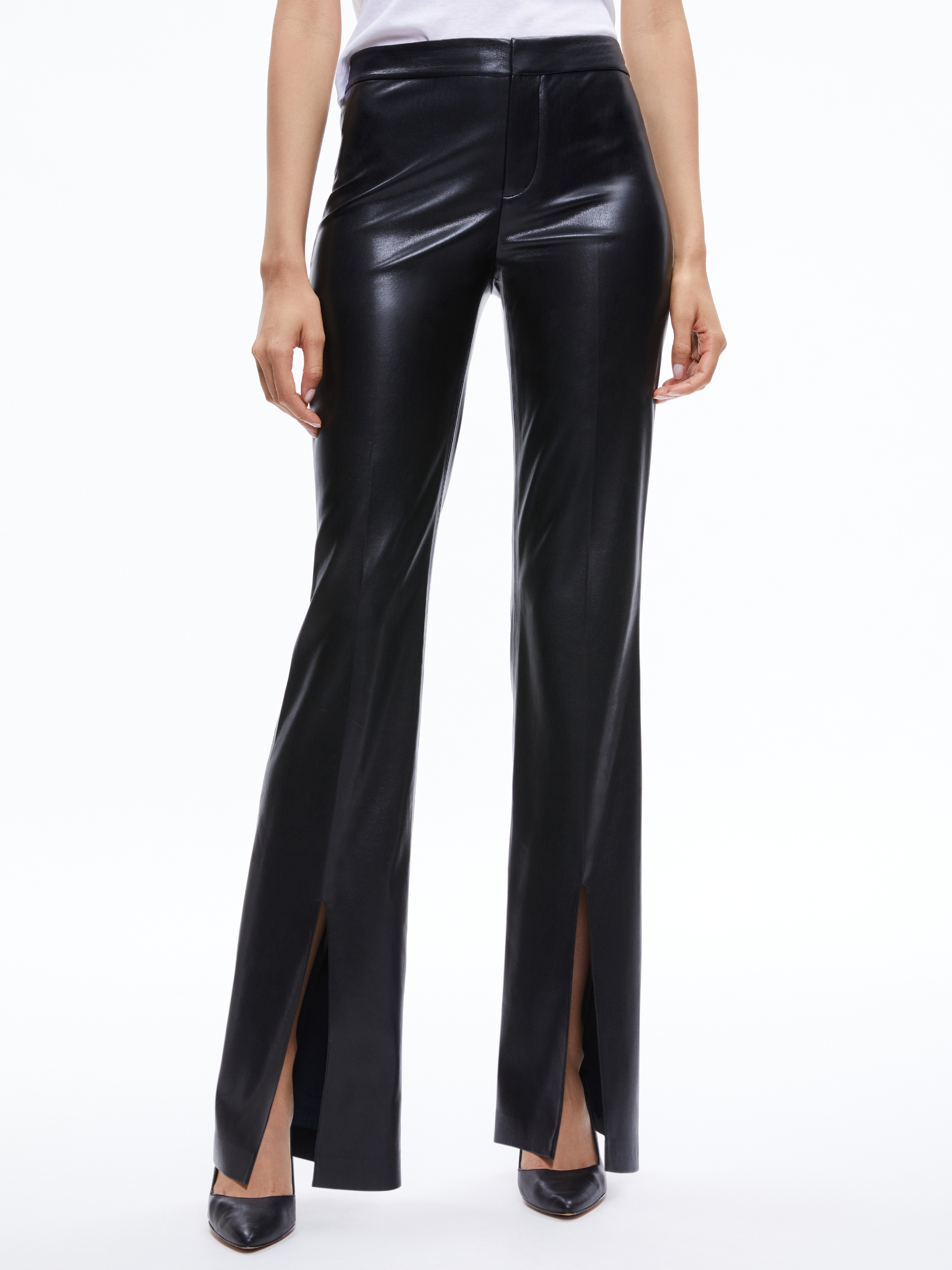 Walker Vegan Leather Front Slit Pant In Black | Alice + Olivia