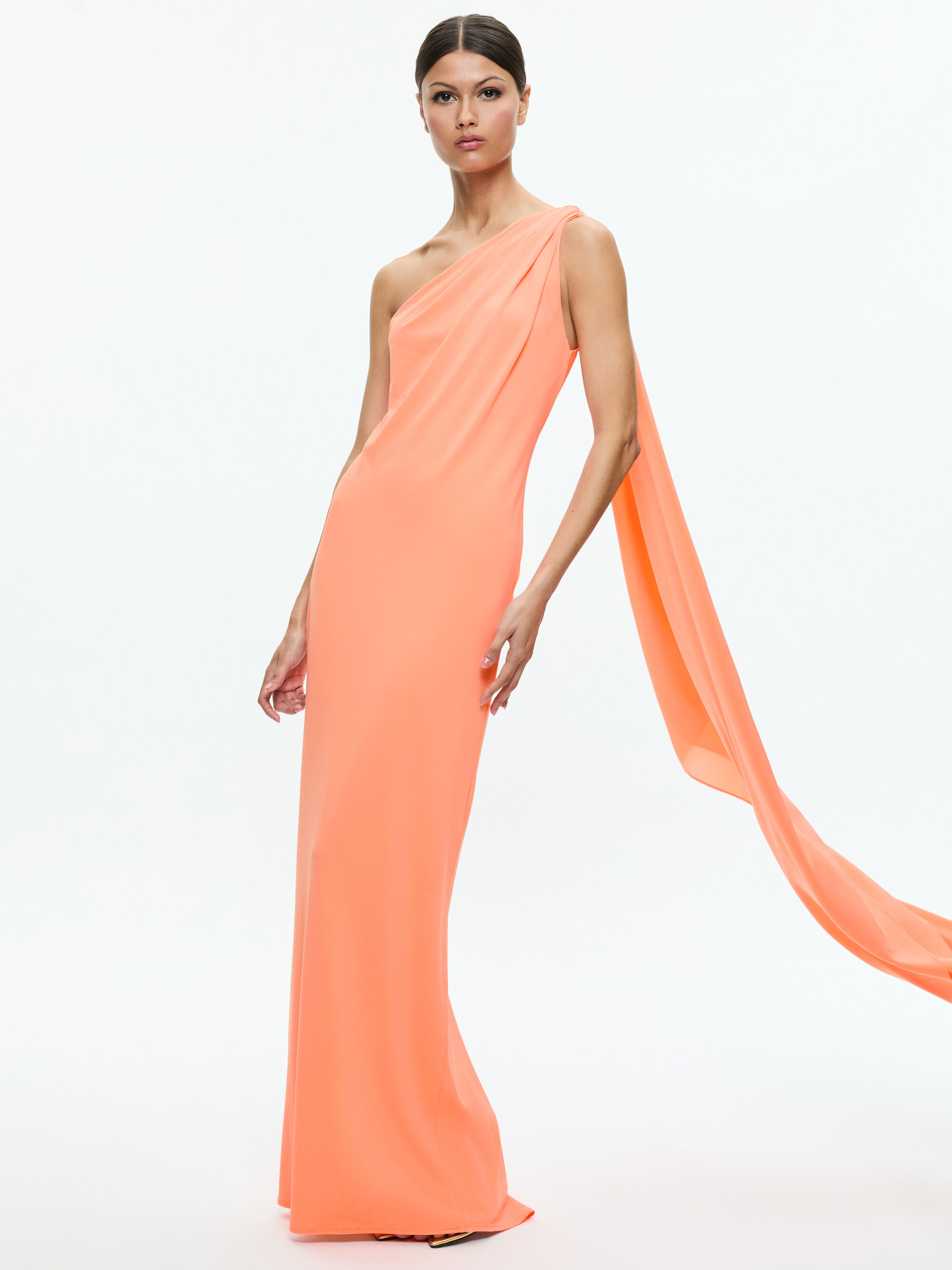 Anja One Shoulder Draped Maxi Dress In Coral | Alice + Olivia