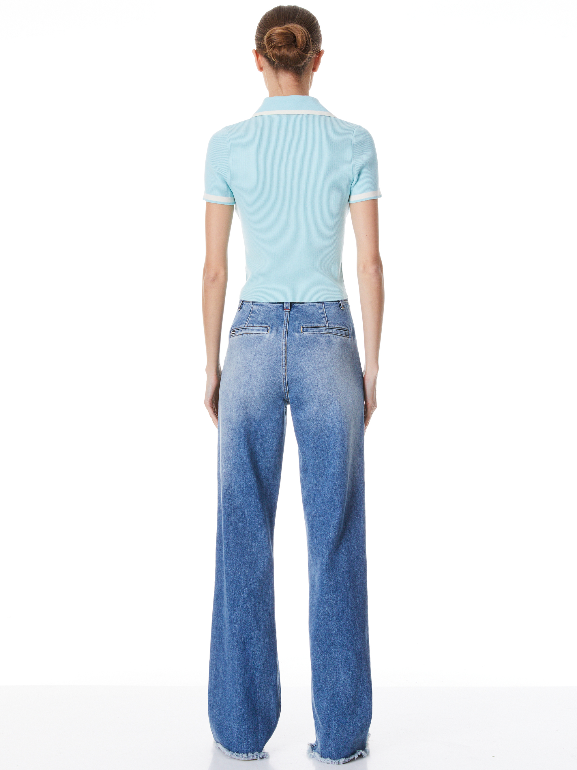 Pia Ribbed Knit Polo Short Sleeve Sweater In Julep/ecru | Alice + Olivia