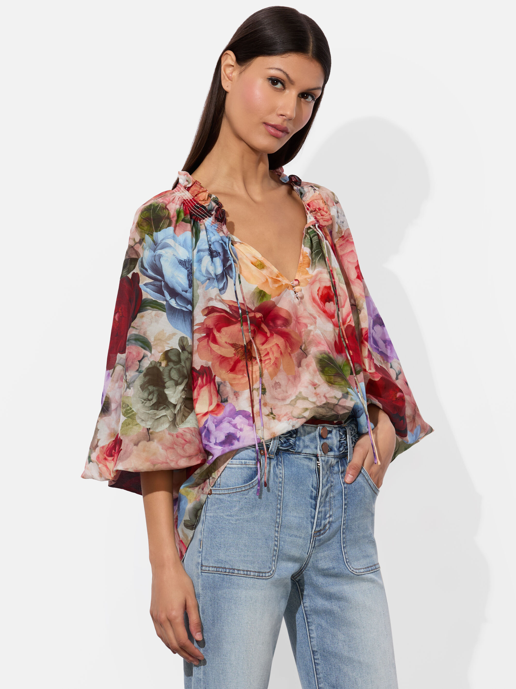NORAH PEASANT BLOUSE in STORM FLORAL SM | ALICE + OLIVIA