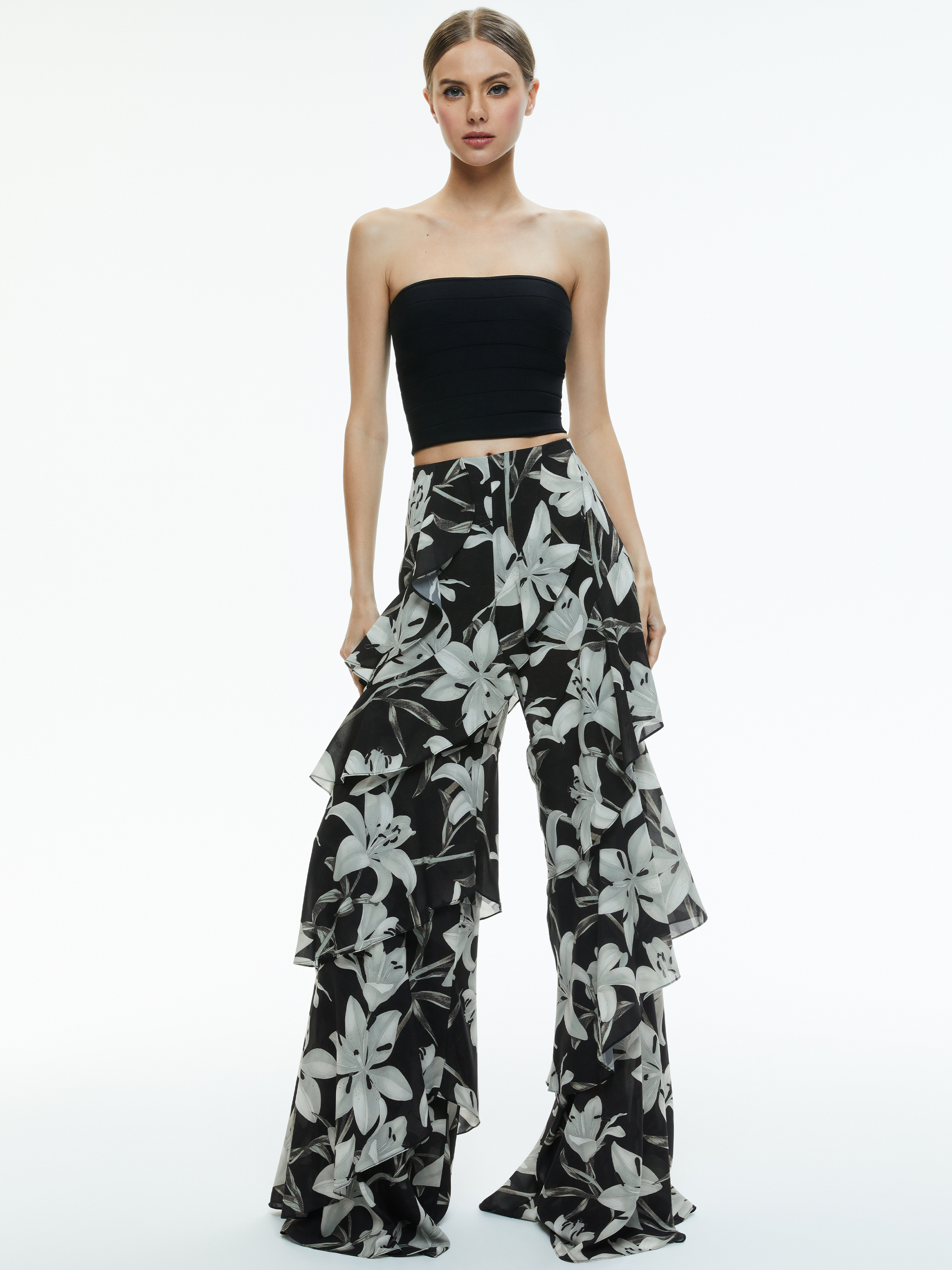 Lotus High Rise Wide Leg Ruffle Pant In Stargazer Black Lg | Alice + Olivia