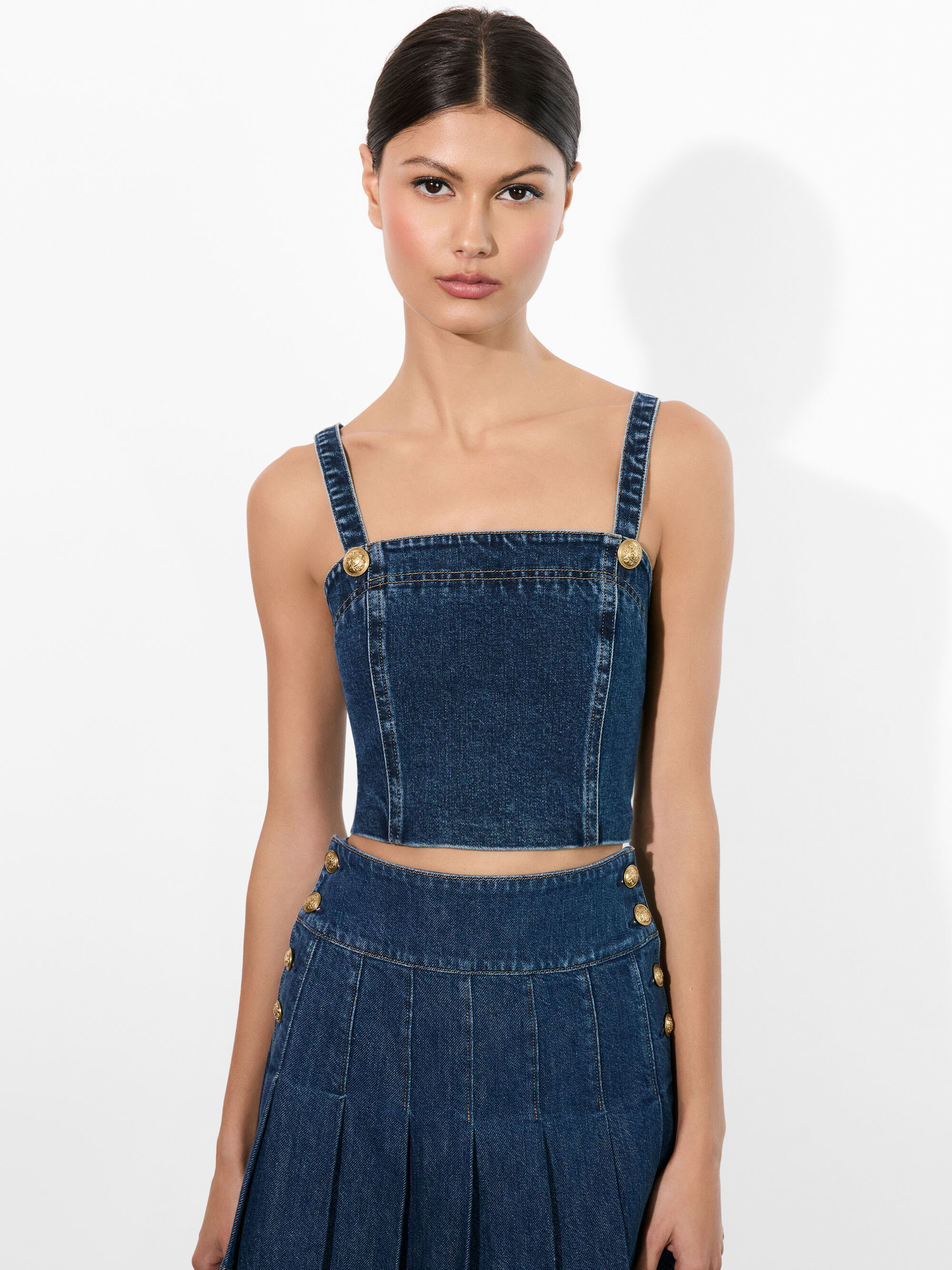 SUE DENIM BUSTIER in LOVE TRAIN | ALICE + OLIVIA