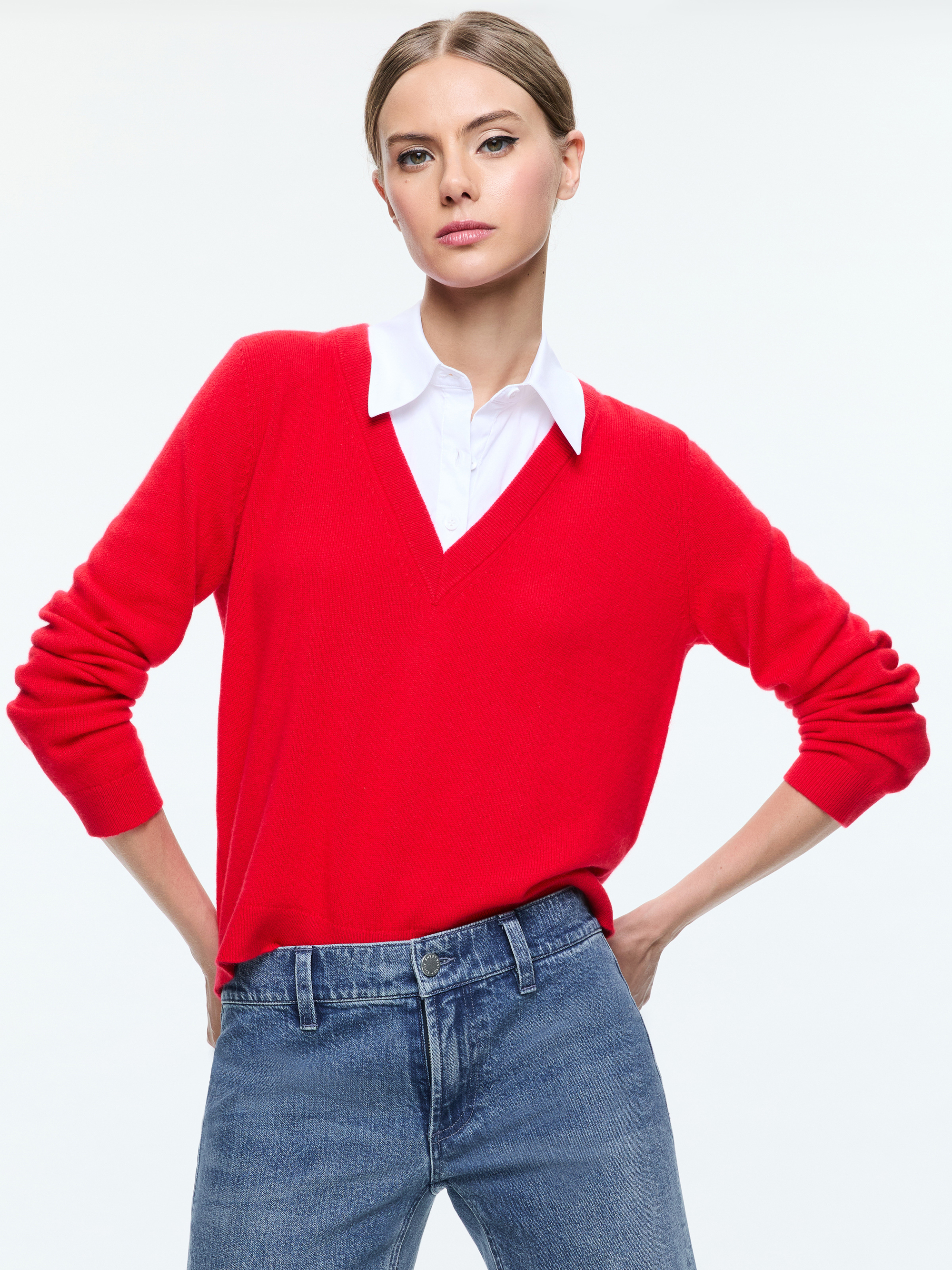 Denby Collared Pullover In Bright Ruby/white | Alice + Olivia
