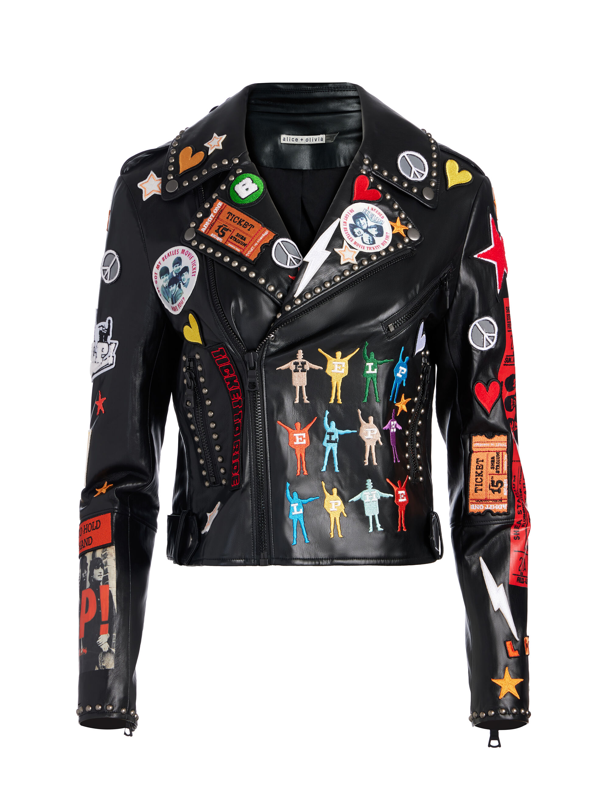 A+O X THE BEATLES CODY VEGAN LEATHER JACKET in BLACK MULTI | ALICE + OLIVIA