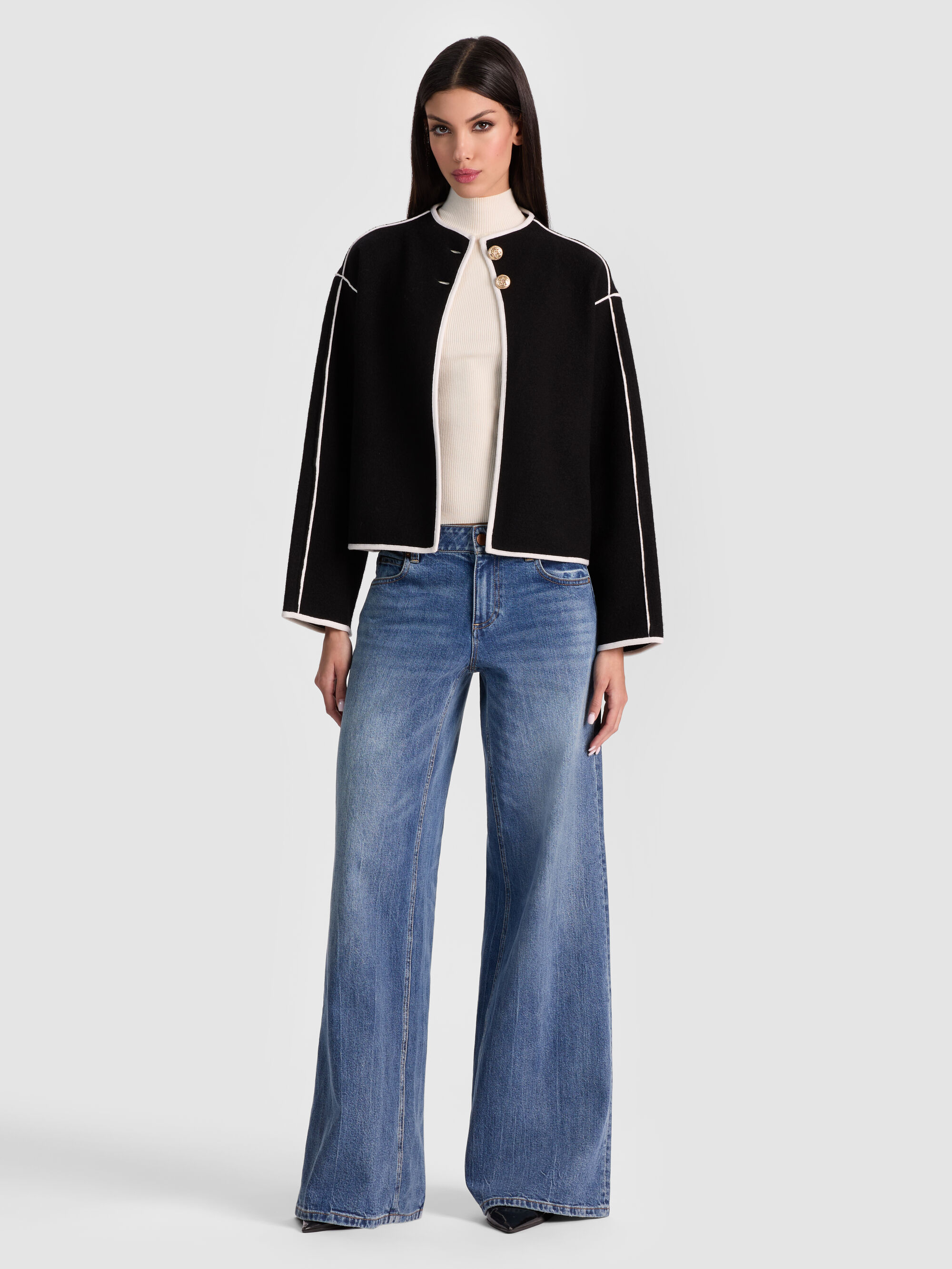 PEARSON SWEATER JACKET in BLACK/SOFT WHITE | ALICE + OLIVIA