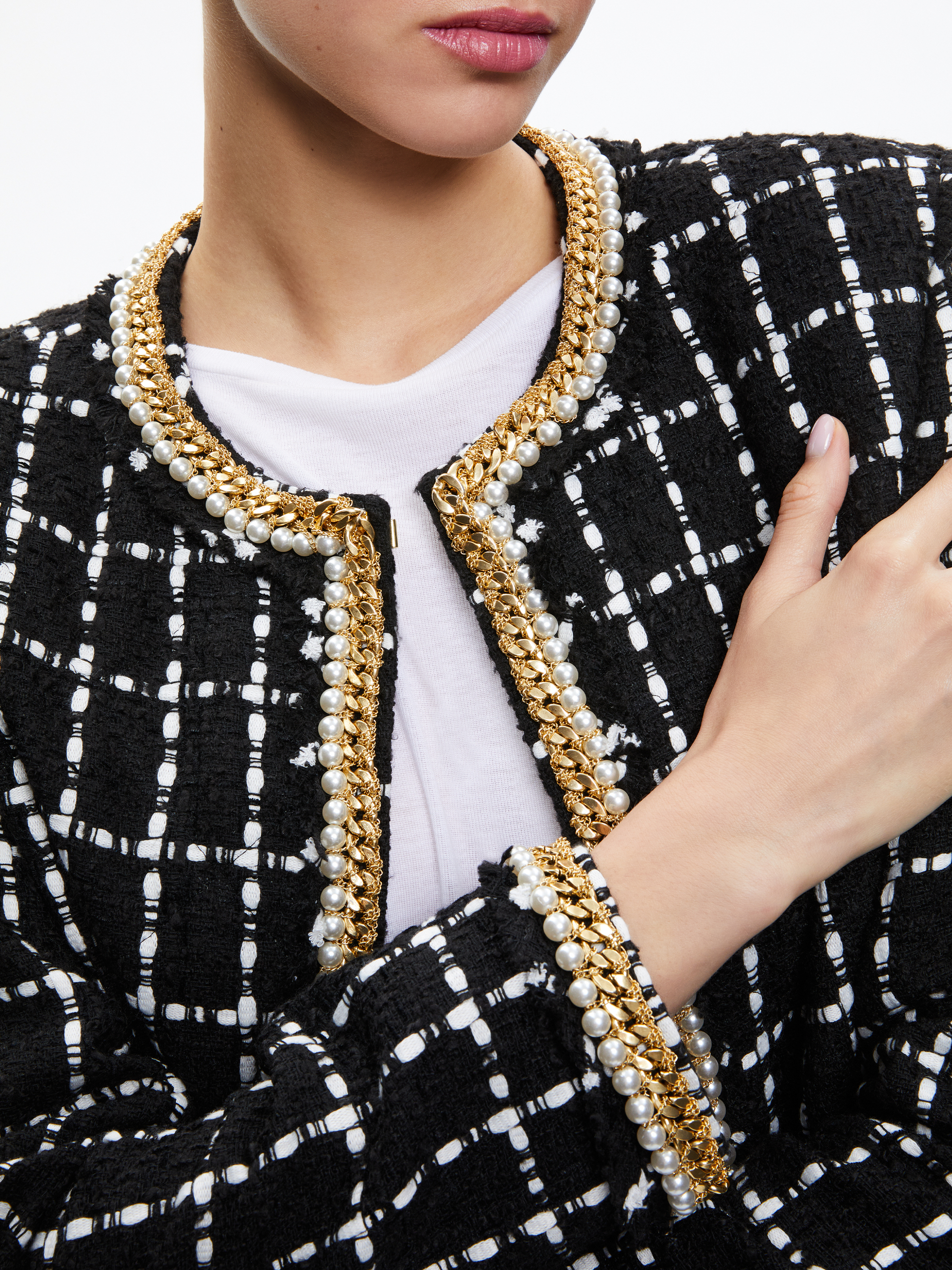 Sabina Chain Trim Tweed Jacket In Black/ecru | Alice + Olivia