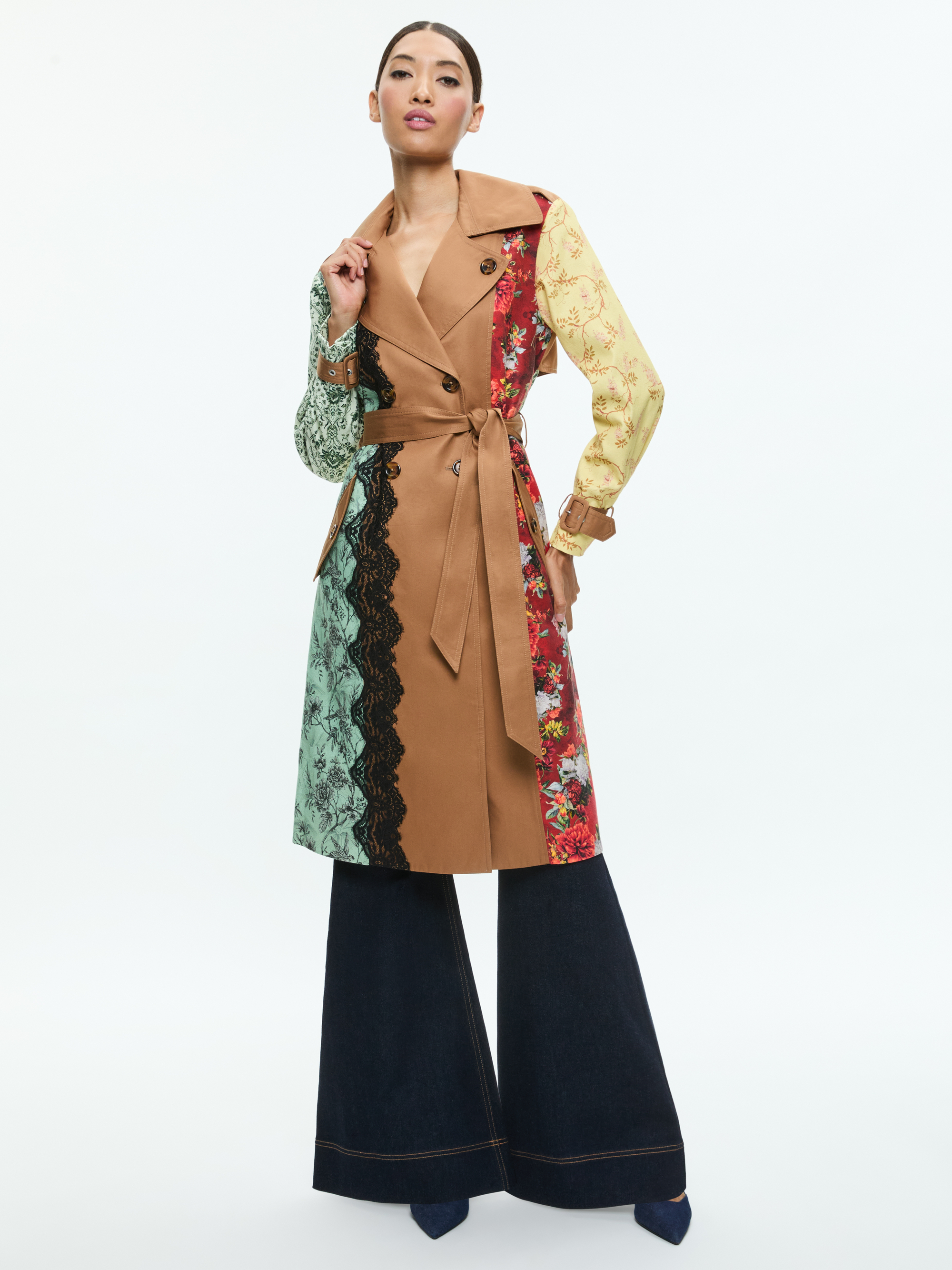 Keith Midi Trench With Lace Detail In Tan/multi | Alice + Olivia