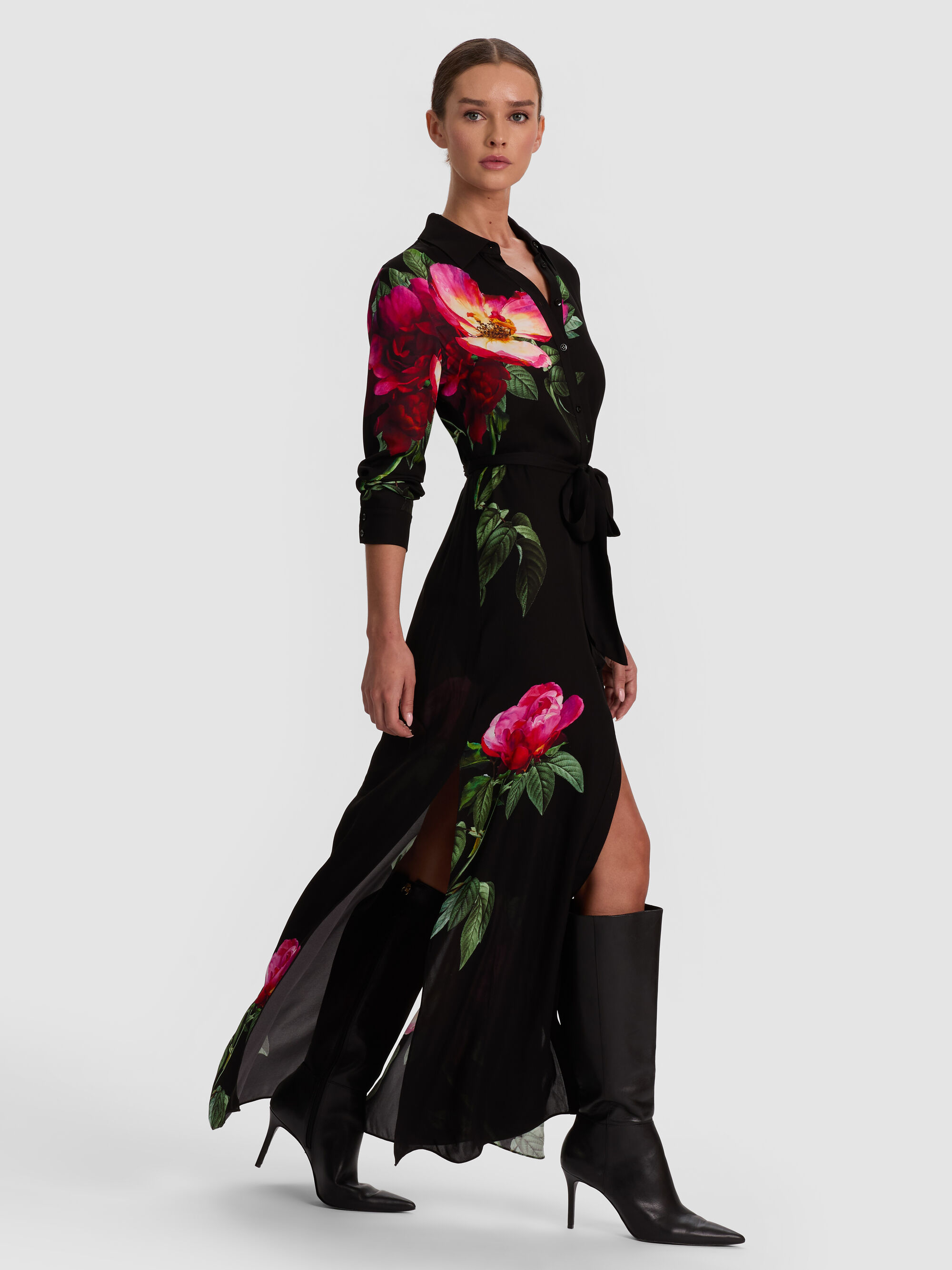 CHASSIDY MAXI SHIRT DRESS in EMPRESS BLOOM BLACK | ALICE + OLIVIA