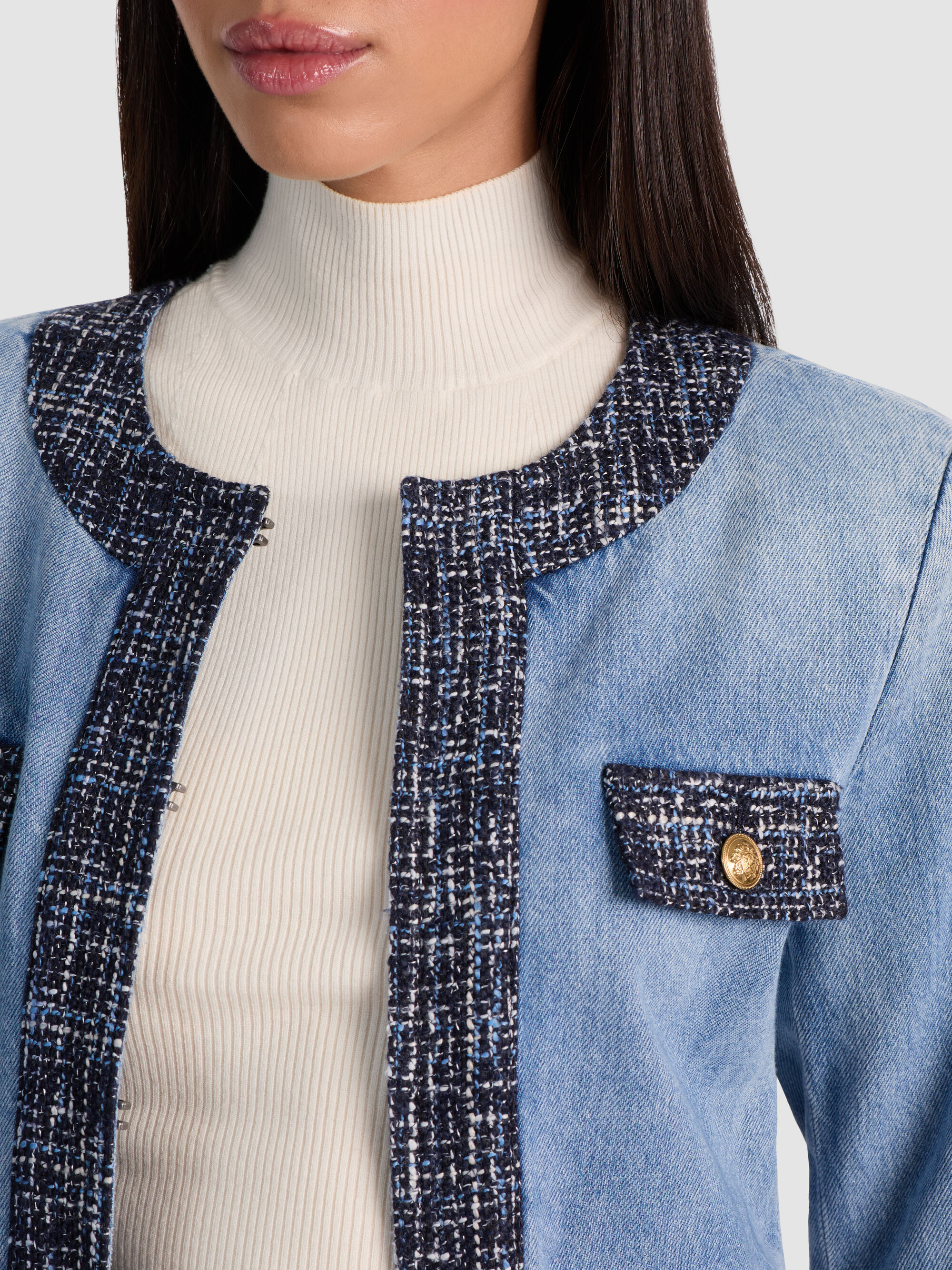 LANDON CROPPED DENIM JACKET in CELINE VINTAGE | ALICE + OLIVIA