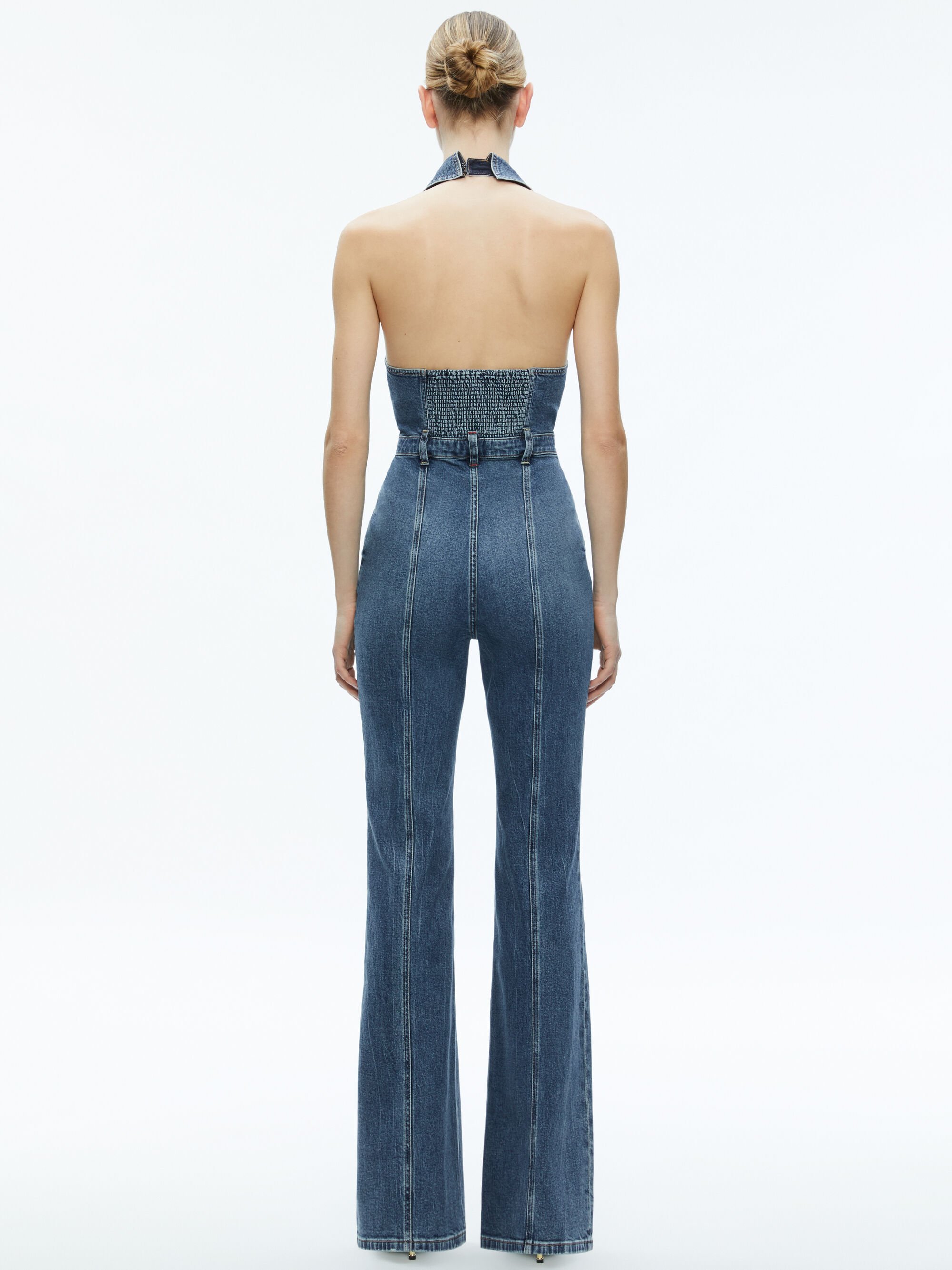 NOEMI HALTER NECK DENIM JUMPSUIT in TRUE BLUES DARK | ALICE + OLIVIA