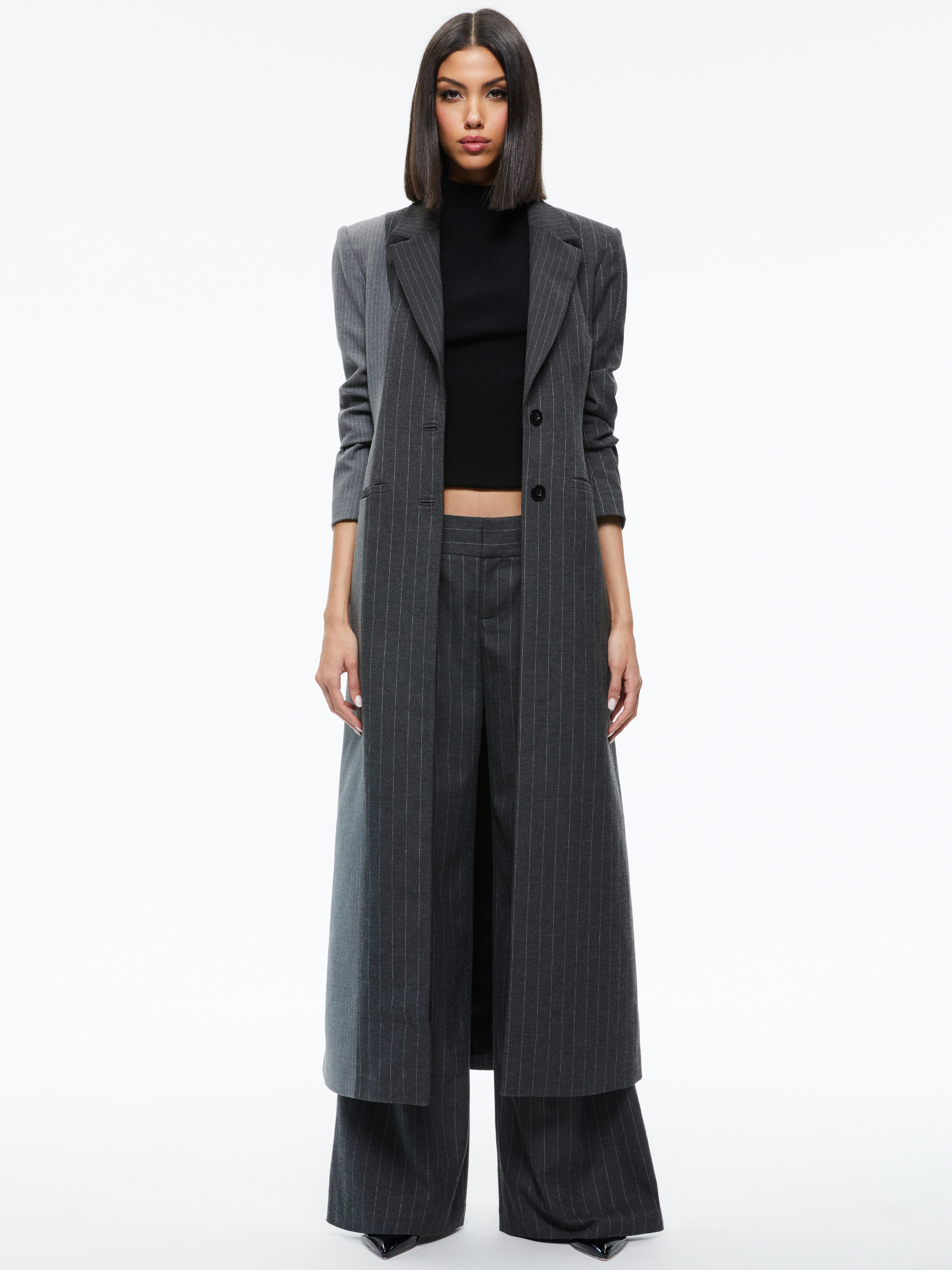 Bret Long Blazer In Grey/charcoal Pinstripe | Alice + Olivia
