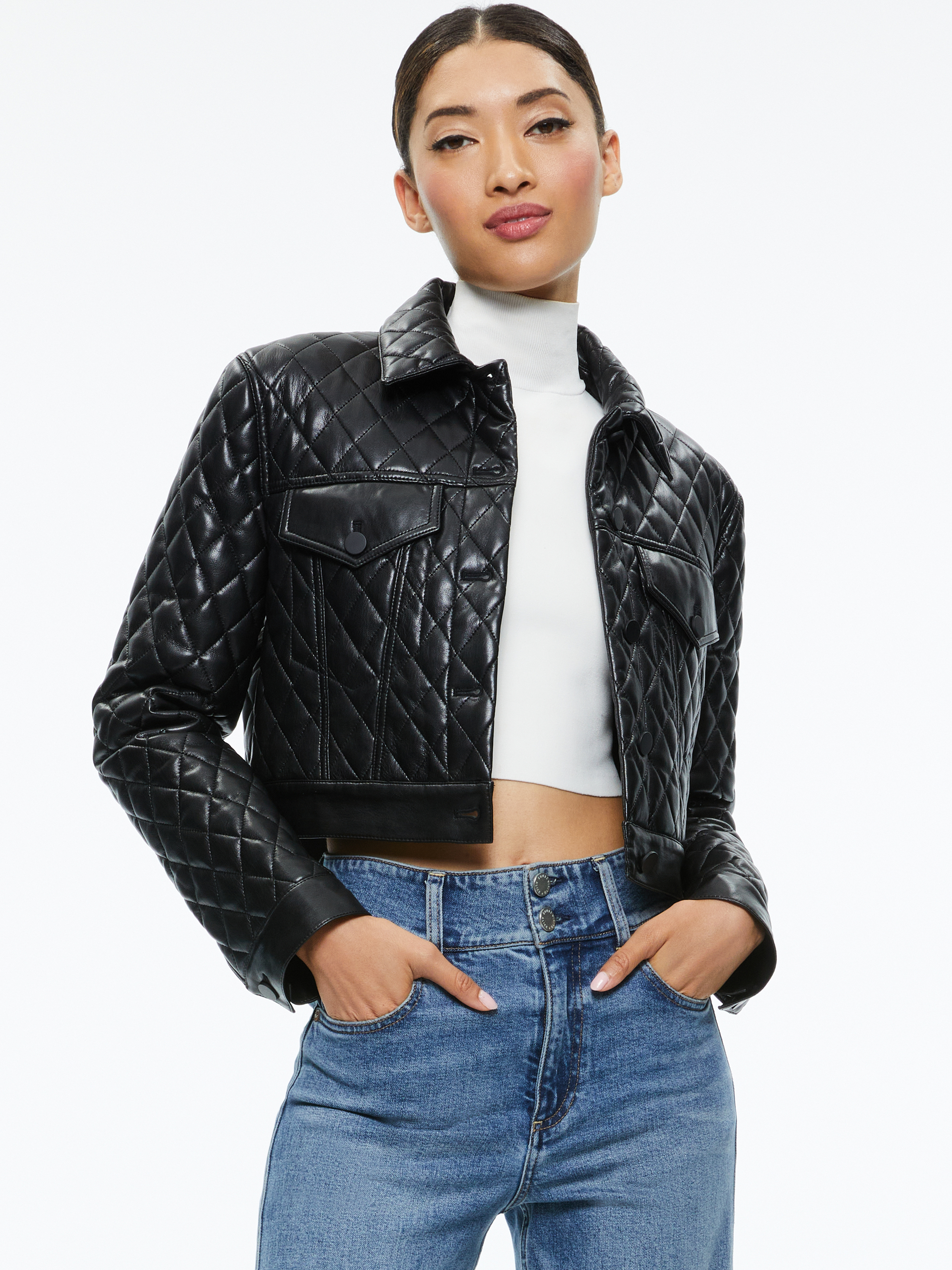 Chloe Quilted Vegan Leather Cropped Jacket In Black | Alice + Olivia
