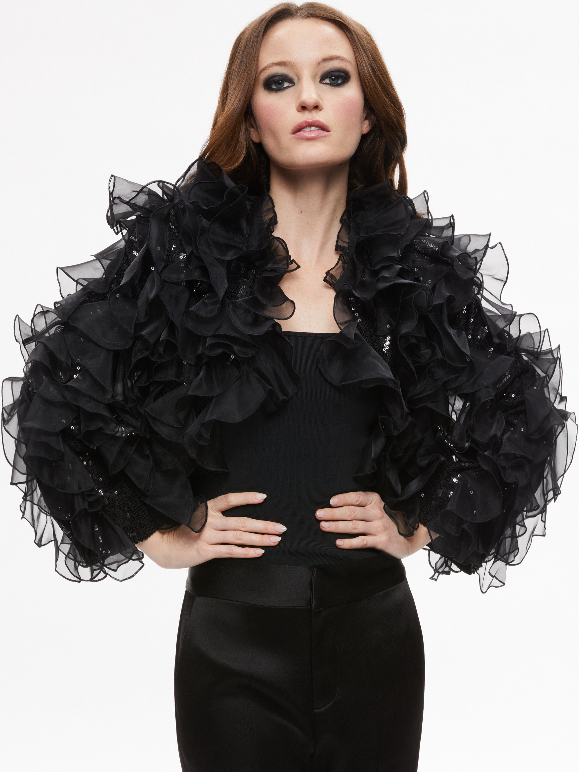 Britton Ruffled Cropped Jacket In Black | Alice + Olivia