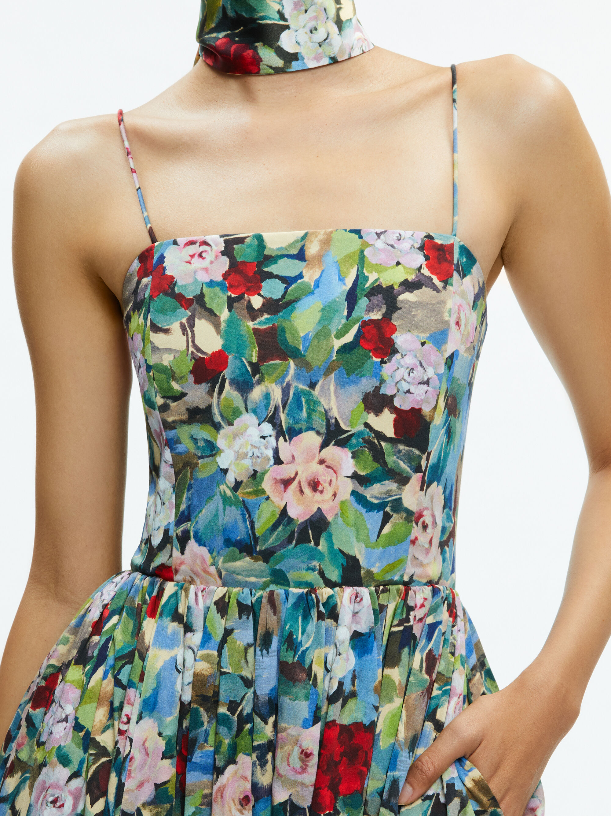 GLYNIS SPAGHETTI STRAP SCARF MIDI DRESS in BREEZE FLORAL | ALICE + OLIVIA