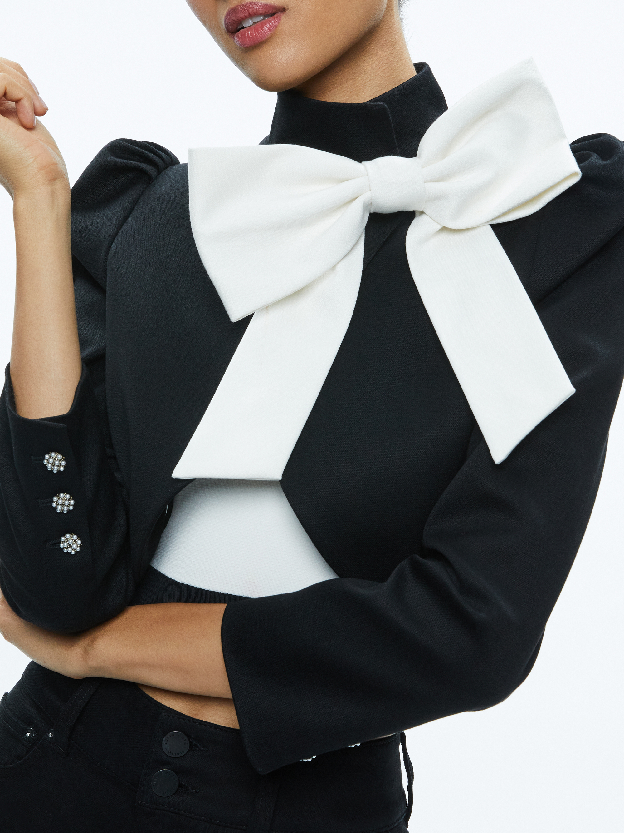 Addison Bow Jacket In Black/off White | Alice + Olivia