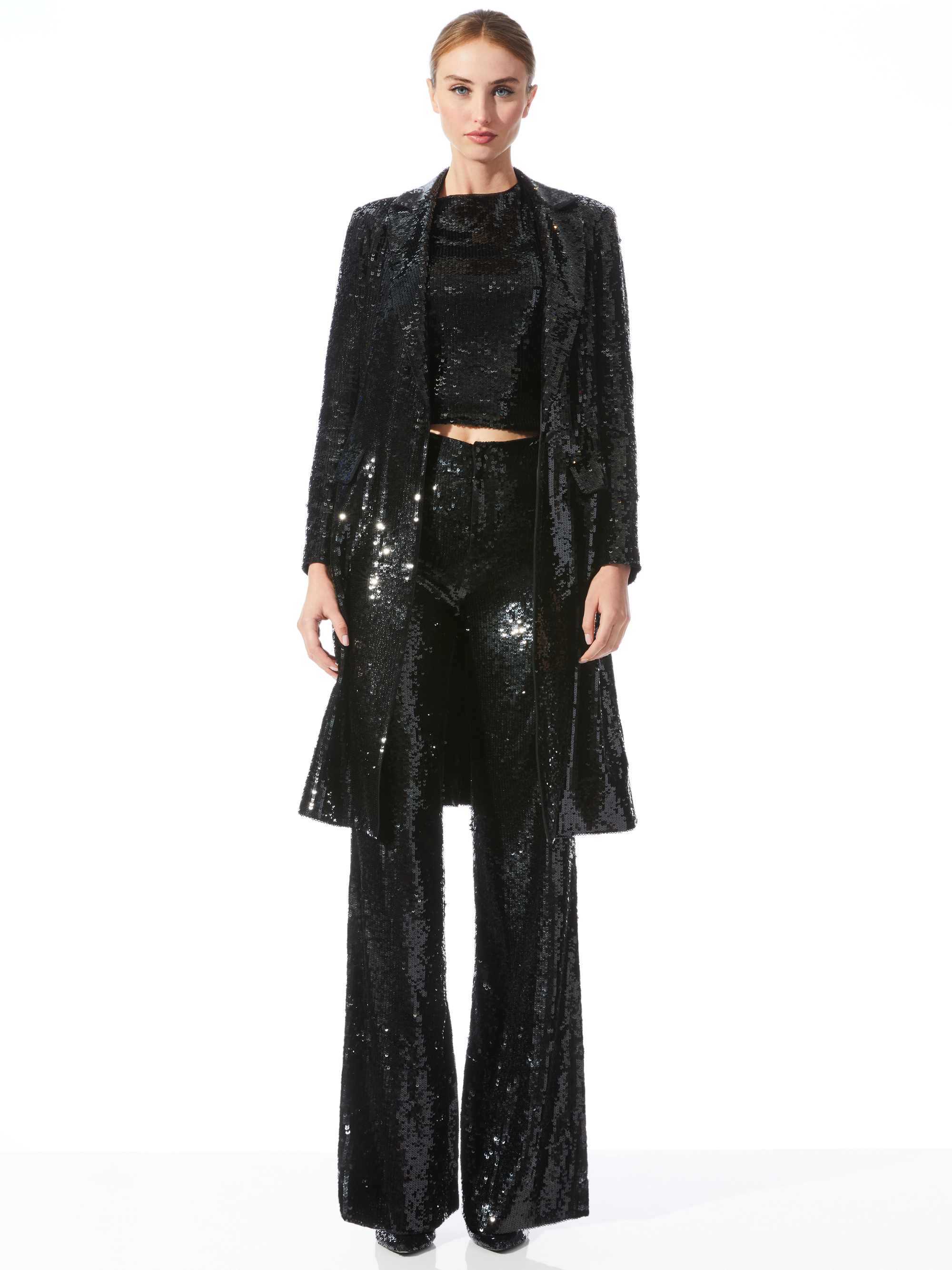 MACEY SEQUIN LONG BLAZER + DELAINA EMBELLISHED LONG SLEEVE CREW NECK ...