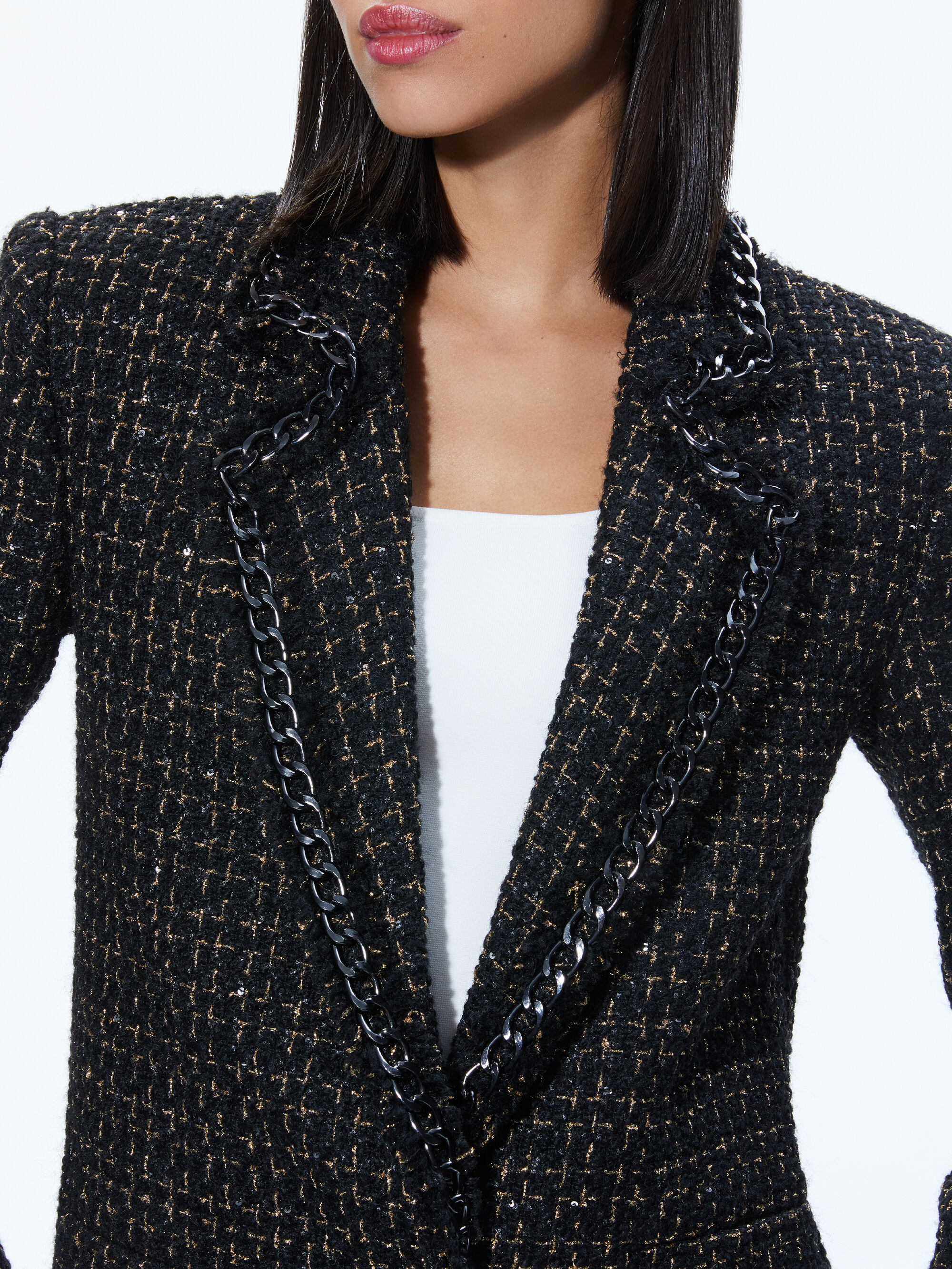 SHAN TWEED CHAIN TRIM BLAZER in BLACK/GOLD | ALICE + OLIVIA