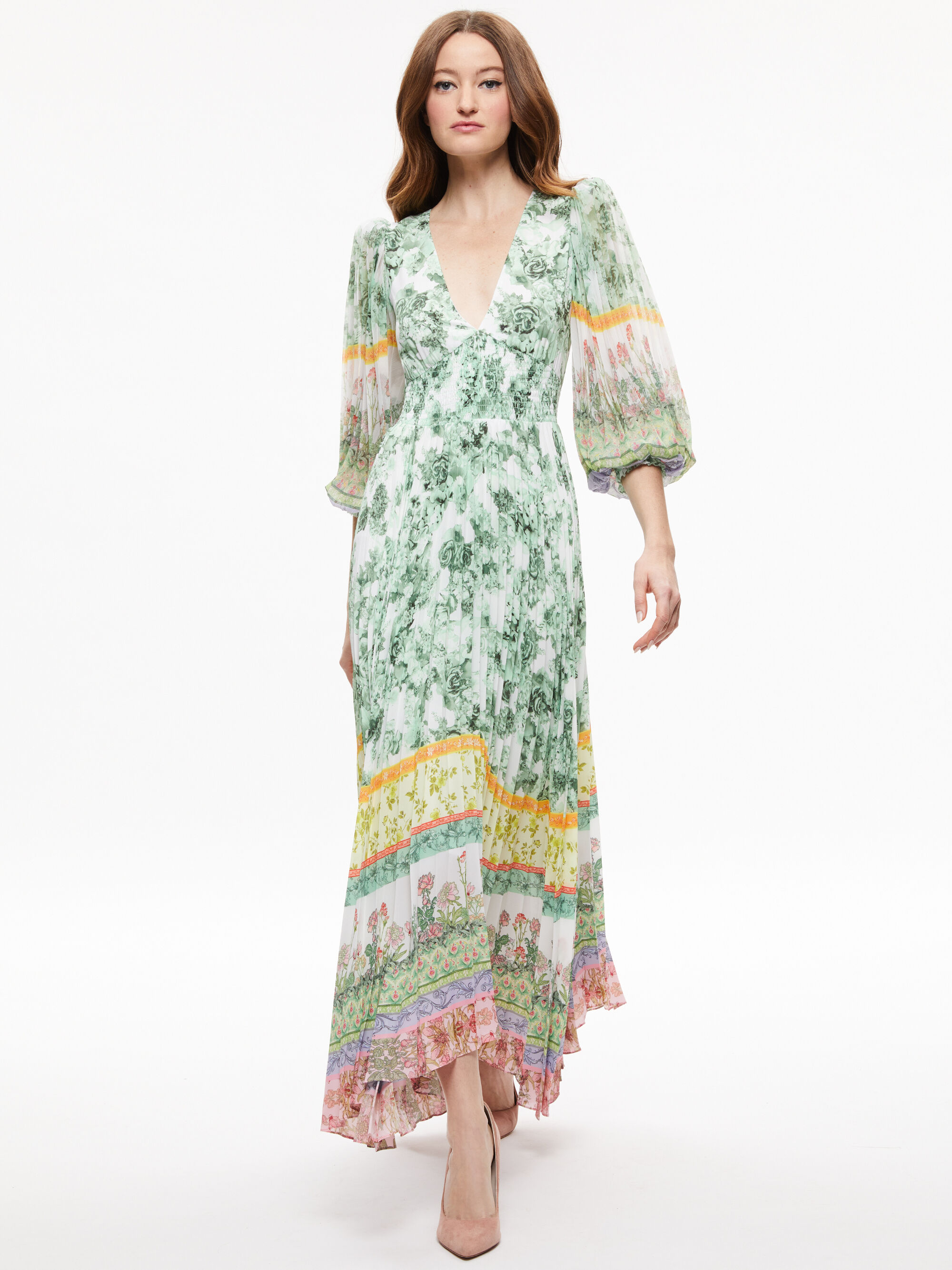 SION SUNBURST PLEATED MAXI DRESS in EFFLORESCENT | ALICE + OLIVIA