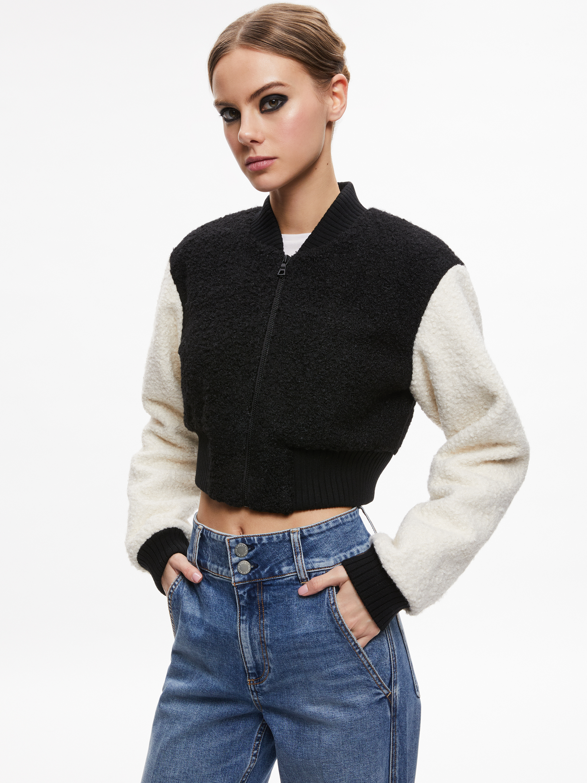 Felisa Fuzzy Knit Cropped Varsity Jacket In Black/ecru | Alice + Olivia