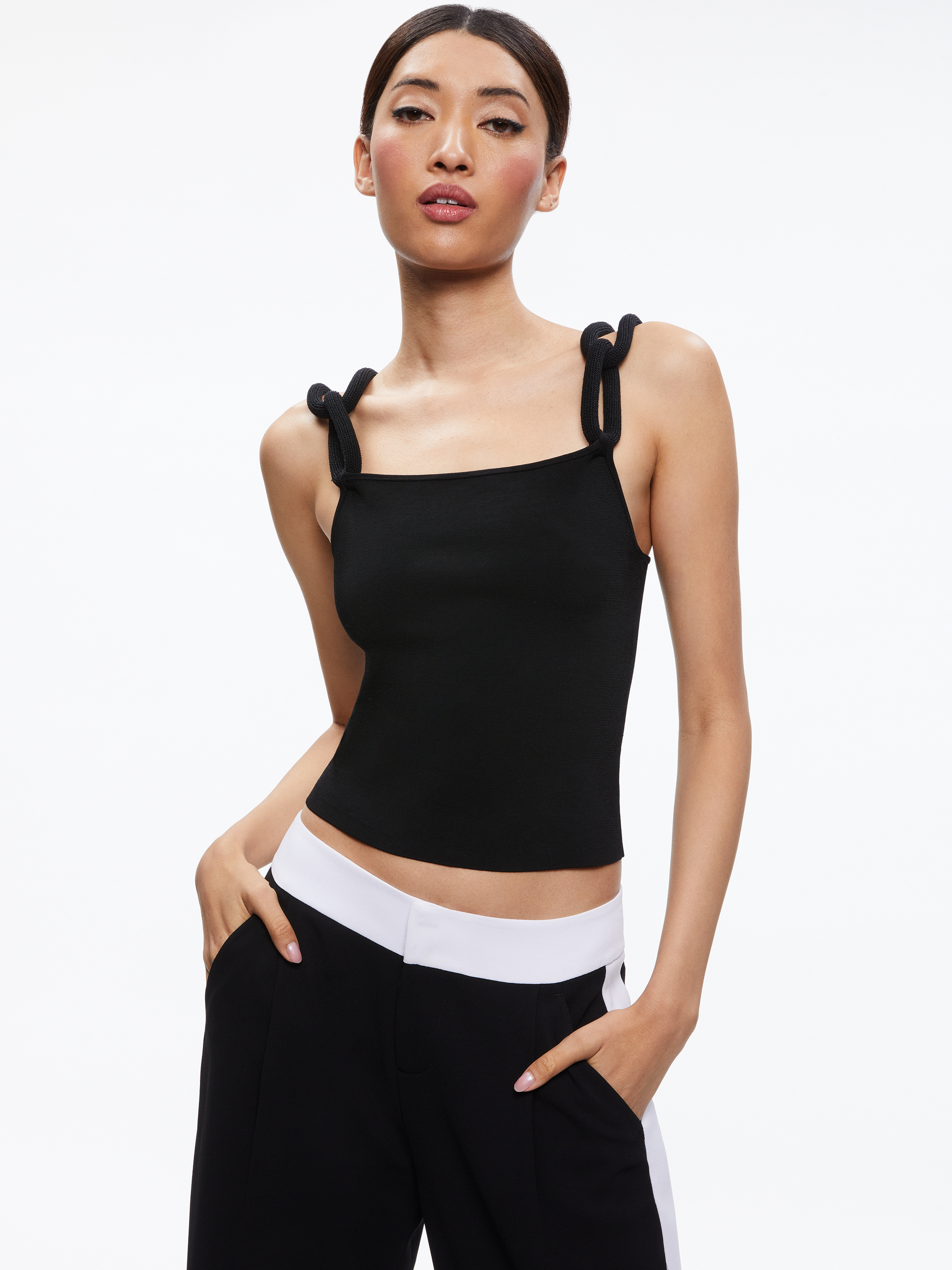 Gretel Top With Chain Cord Straps In Black | Alice + Olivia