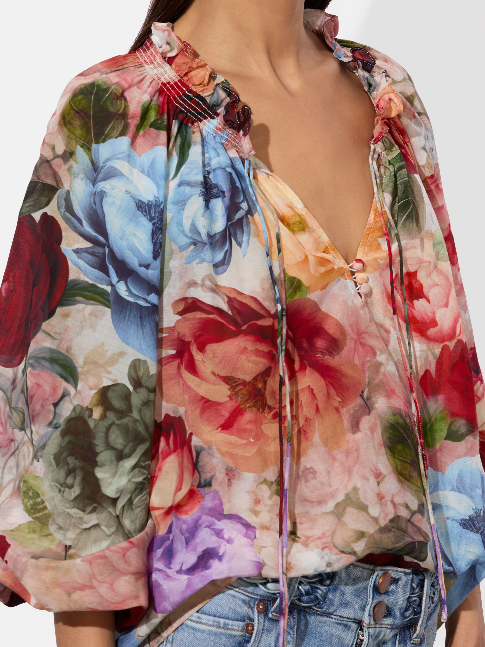 NORAH PEASANT BLOUSE in STORM FLORAL SM | ALICE + OLIVIA