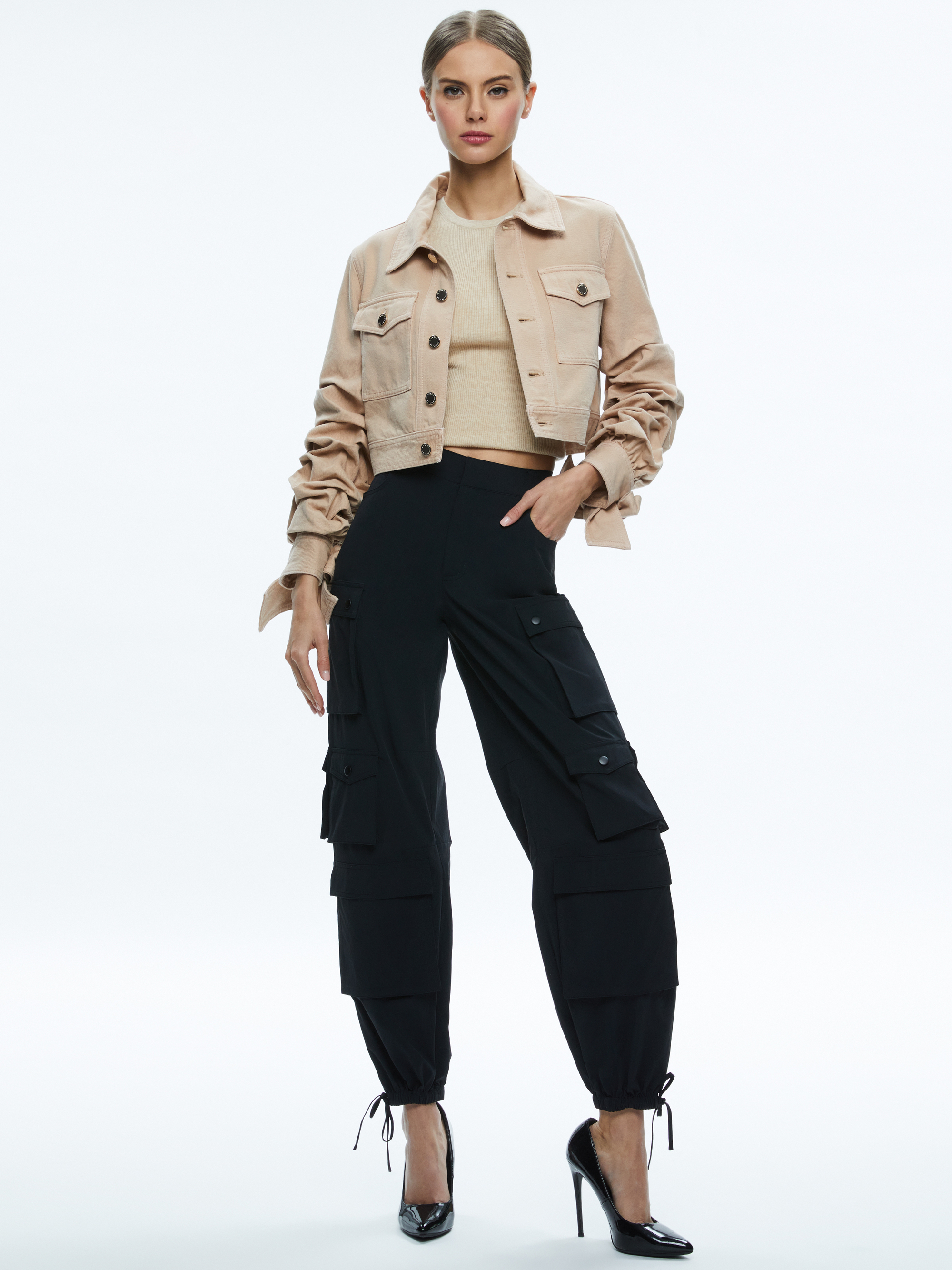 Tiff Denim Jacket With Bow Sleeve In Almond | Alice + Olivia