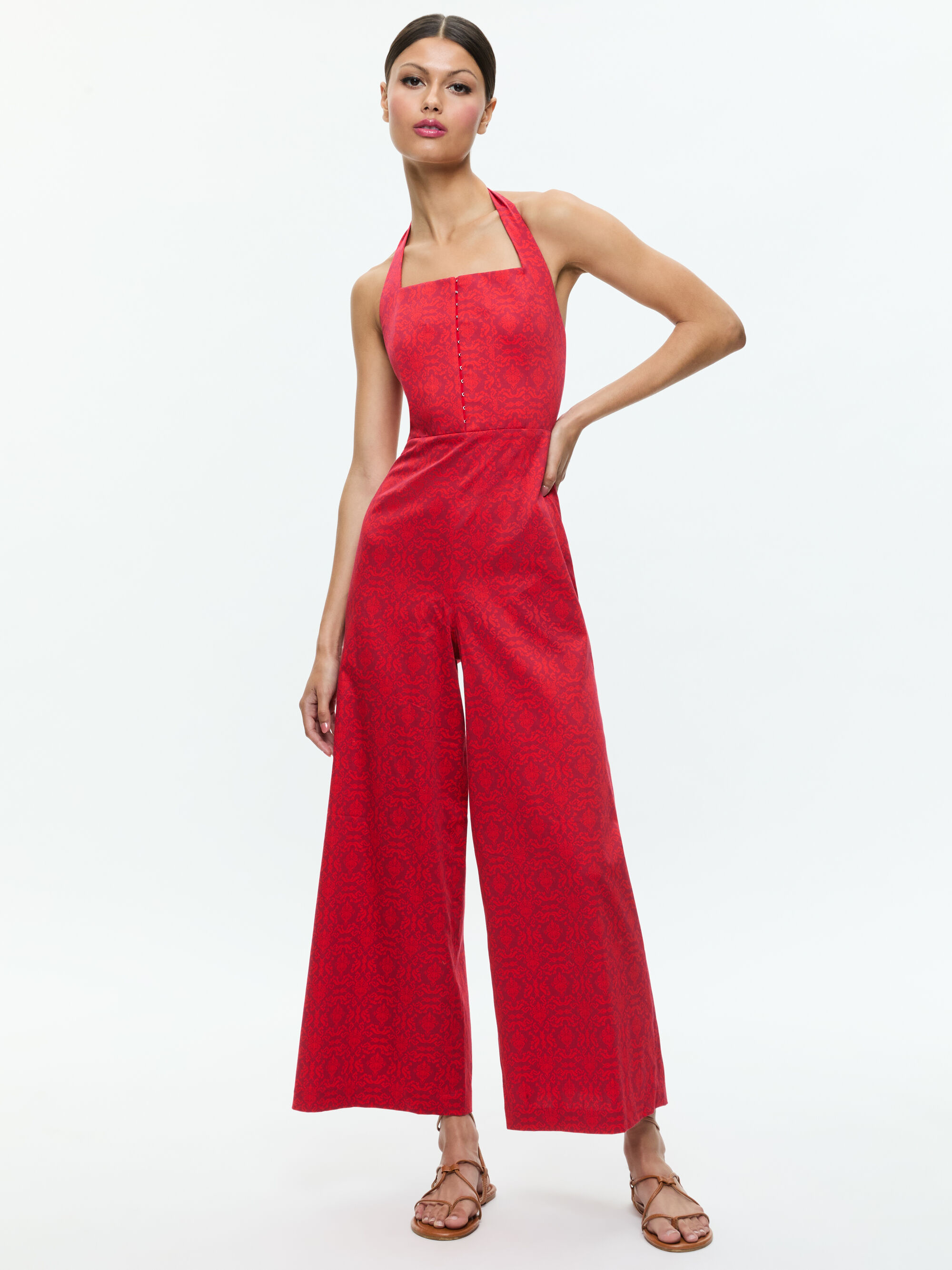 AIDA CROPPED HALTER JUMPSUIT in SYMMETRY RED APPLE | ALICE + OLIVIA