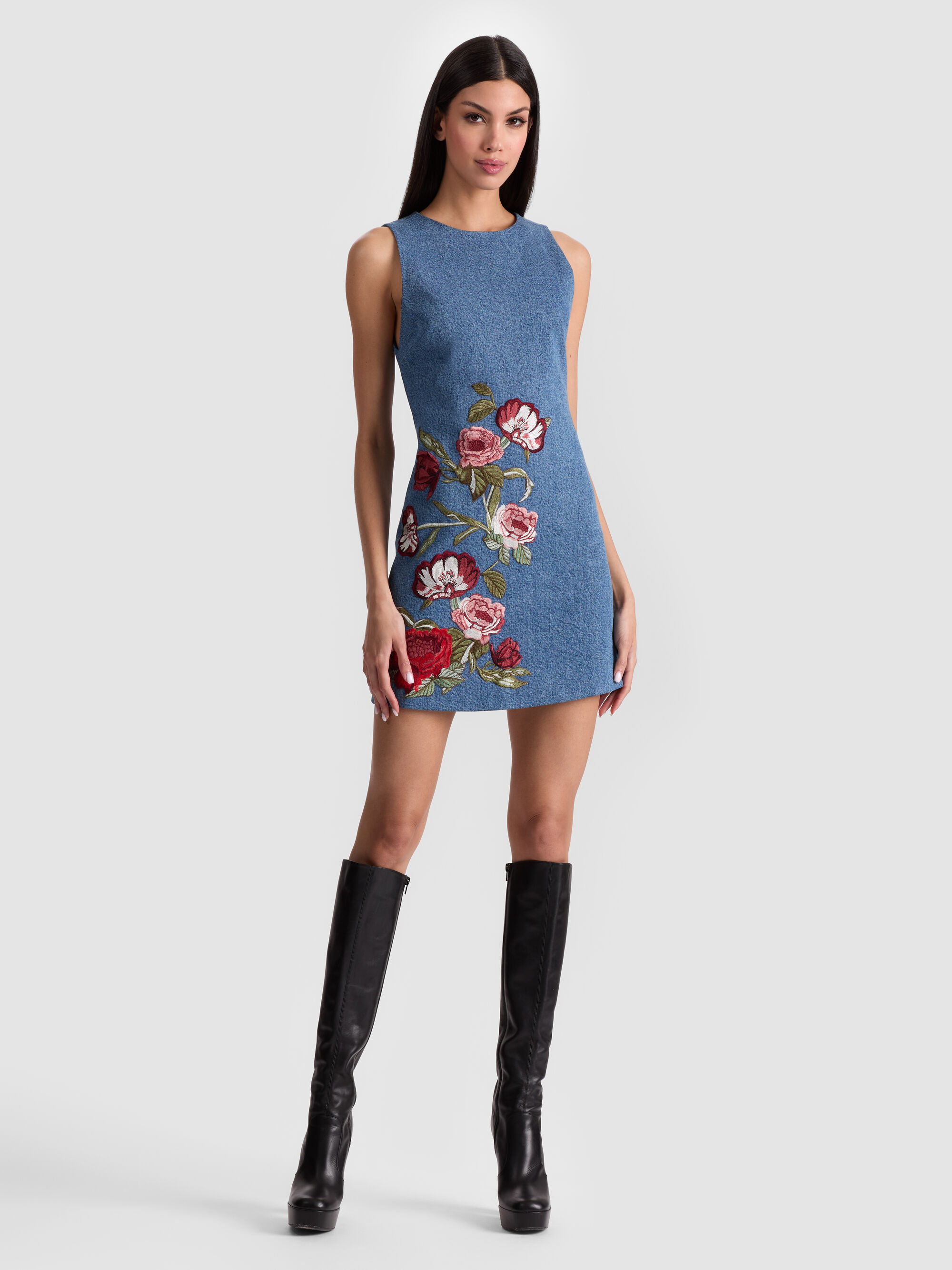 CADE EMBROIDERED DENIM MINI DRESS in BROOKLYN BLUE/MULTI | ALICE + OLIVIA