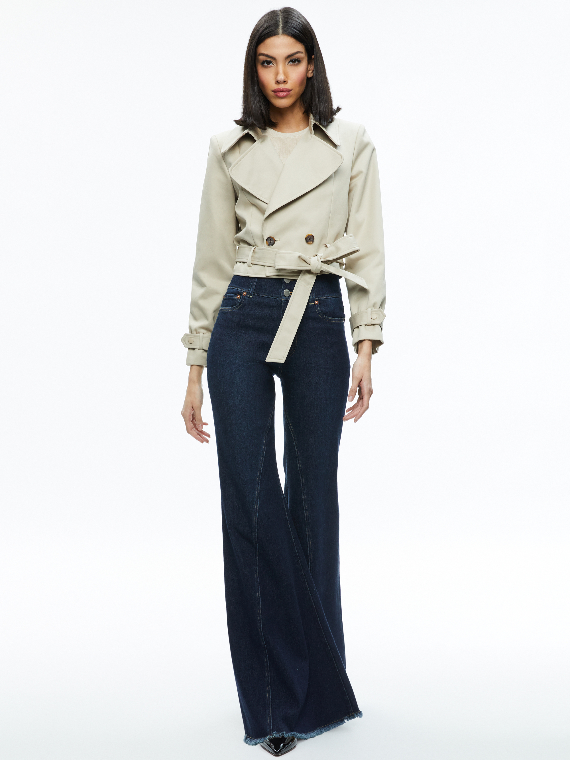 Hayley Cropped Trench Coat With Belt In Latte | Alice + Olivia