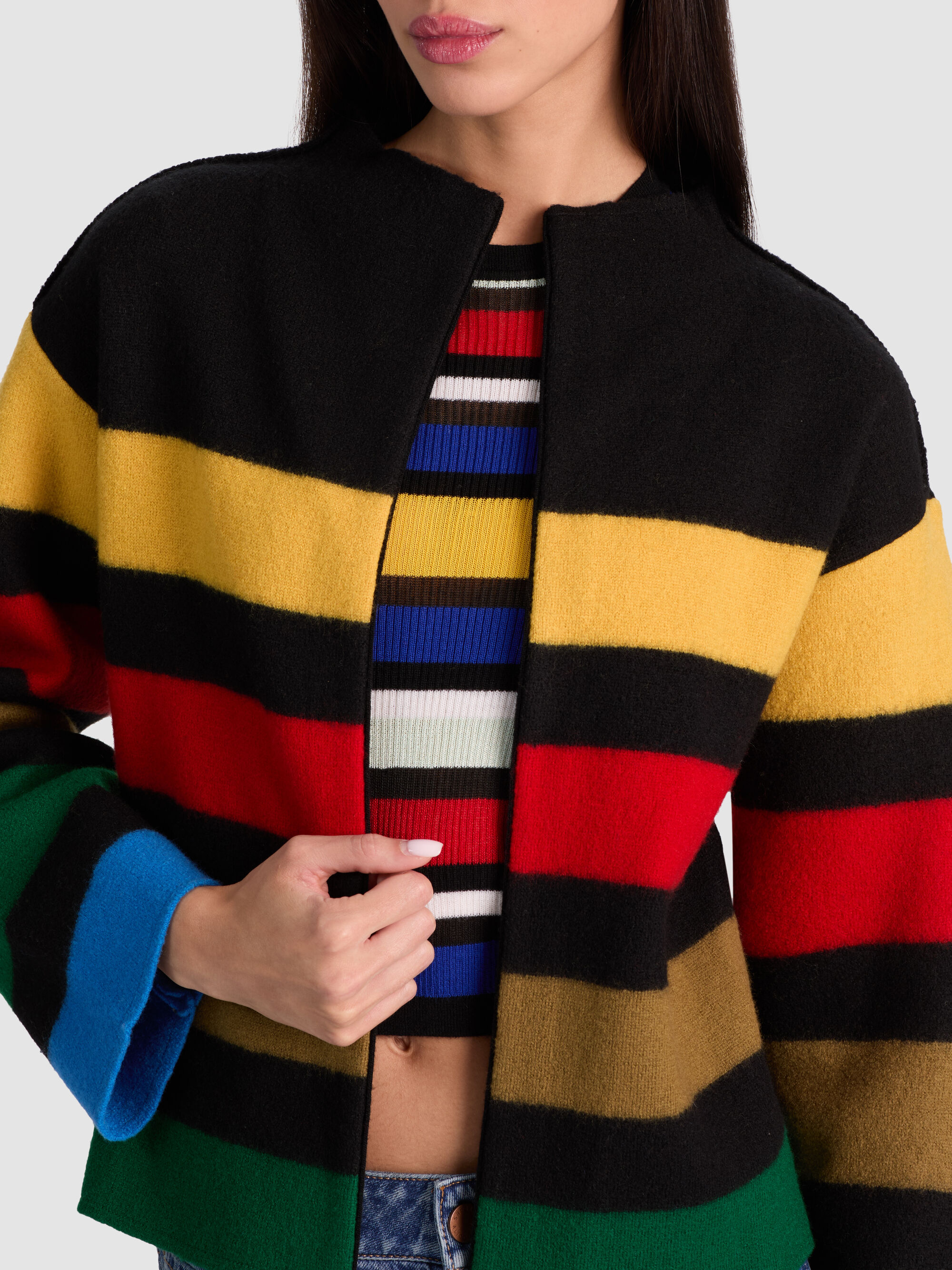 PEARSON STRIPED SWEATER JACKET in BLACK MULTI | ALICE + OLIVIA