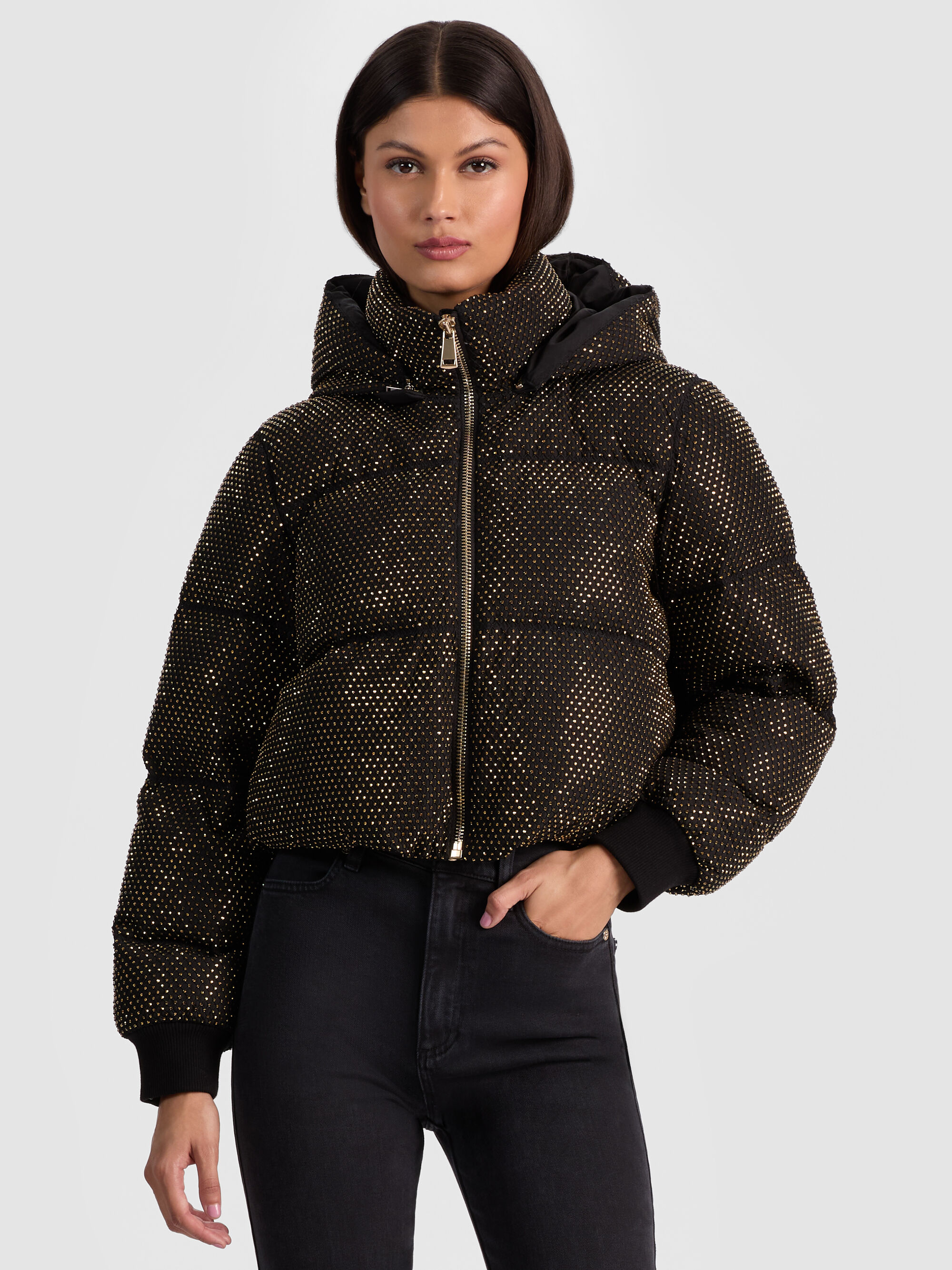 ROBENA EMBELLISHED PUFFER in BLACK/GOLD | ALICE + OLIVIA