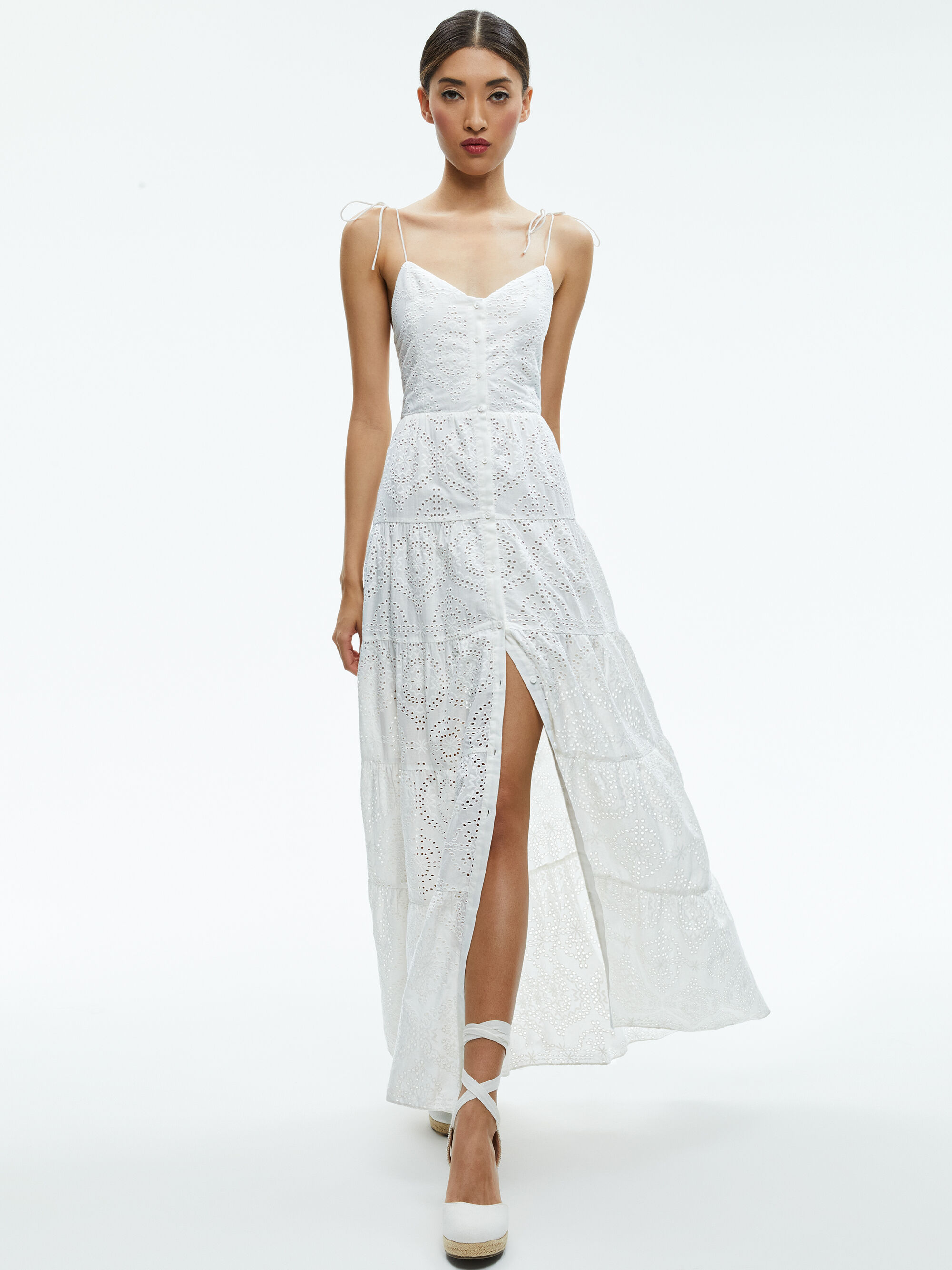 SHANTELLA TIERED BUTTON FRONT MAXI DRESS in OFF WHITE | ALICE + OLIVIA