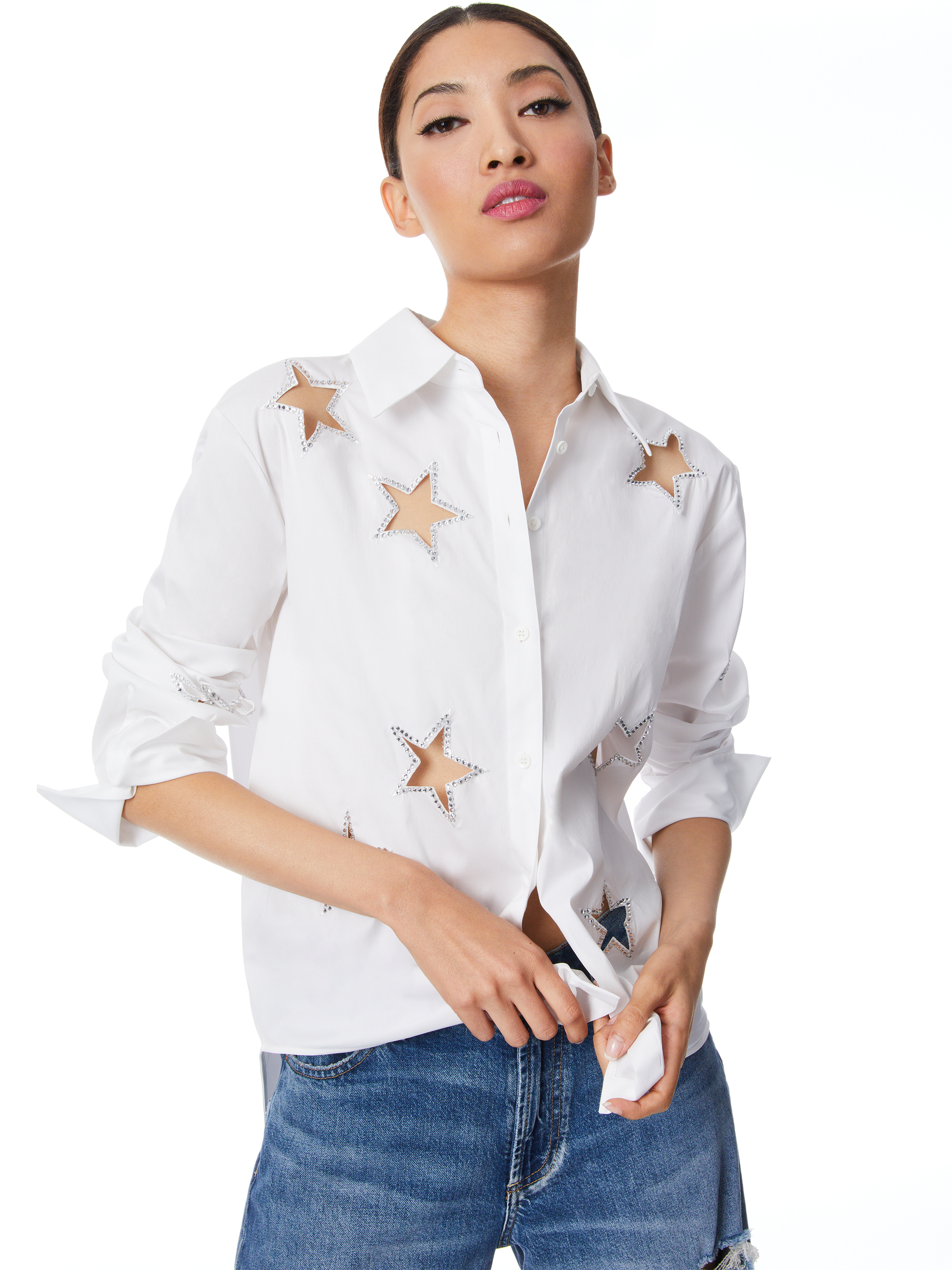 Finely Star Embellished Button Down In Off White | Alice + Olivia