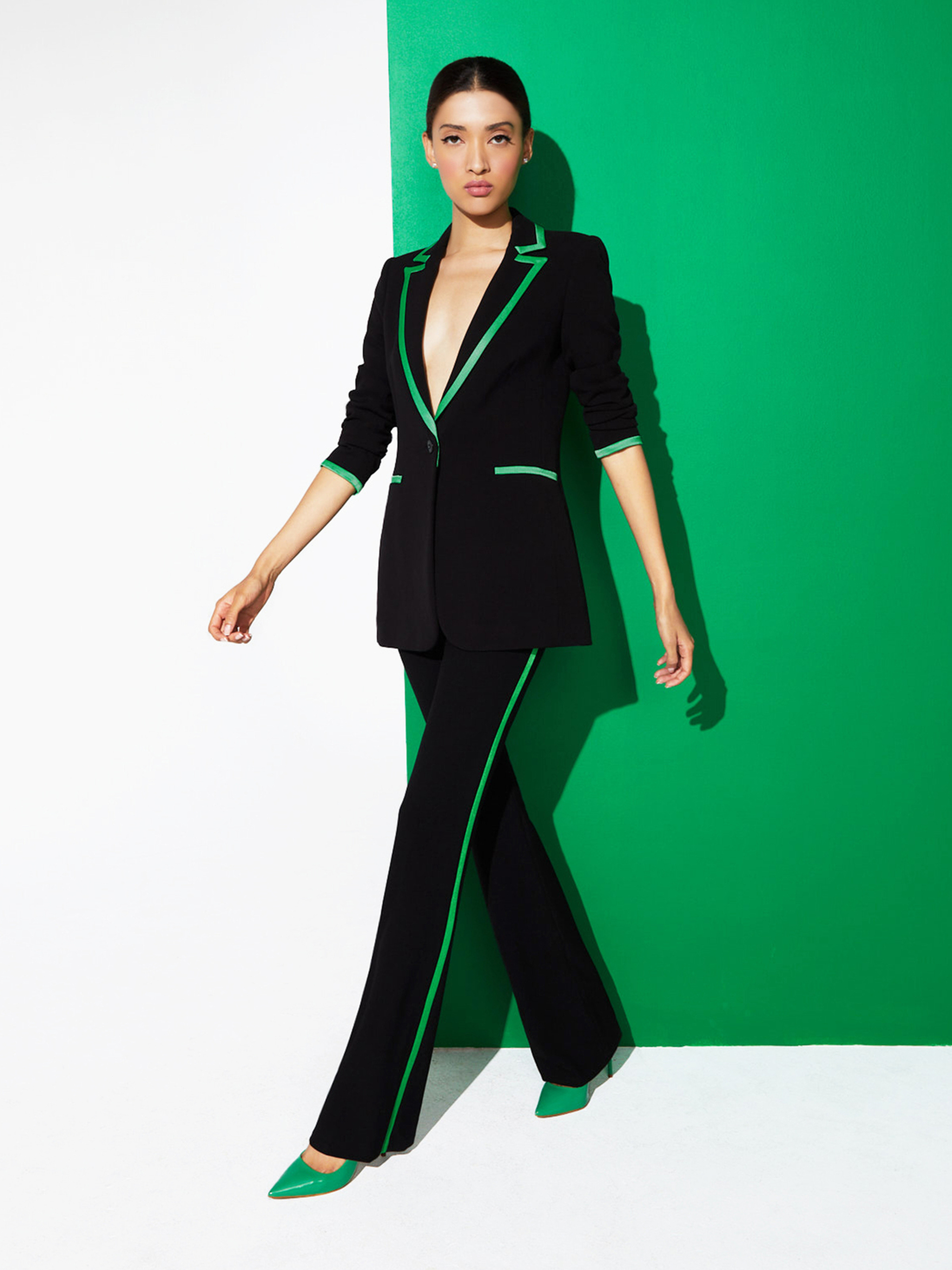 BREANN LONG FITTED BLAZER WITH PIPING + WILLA PIPED PLACKET TOP ...