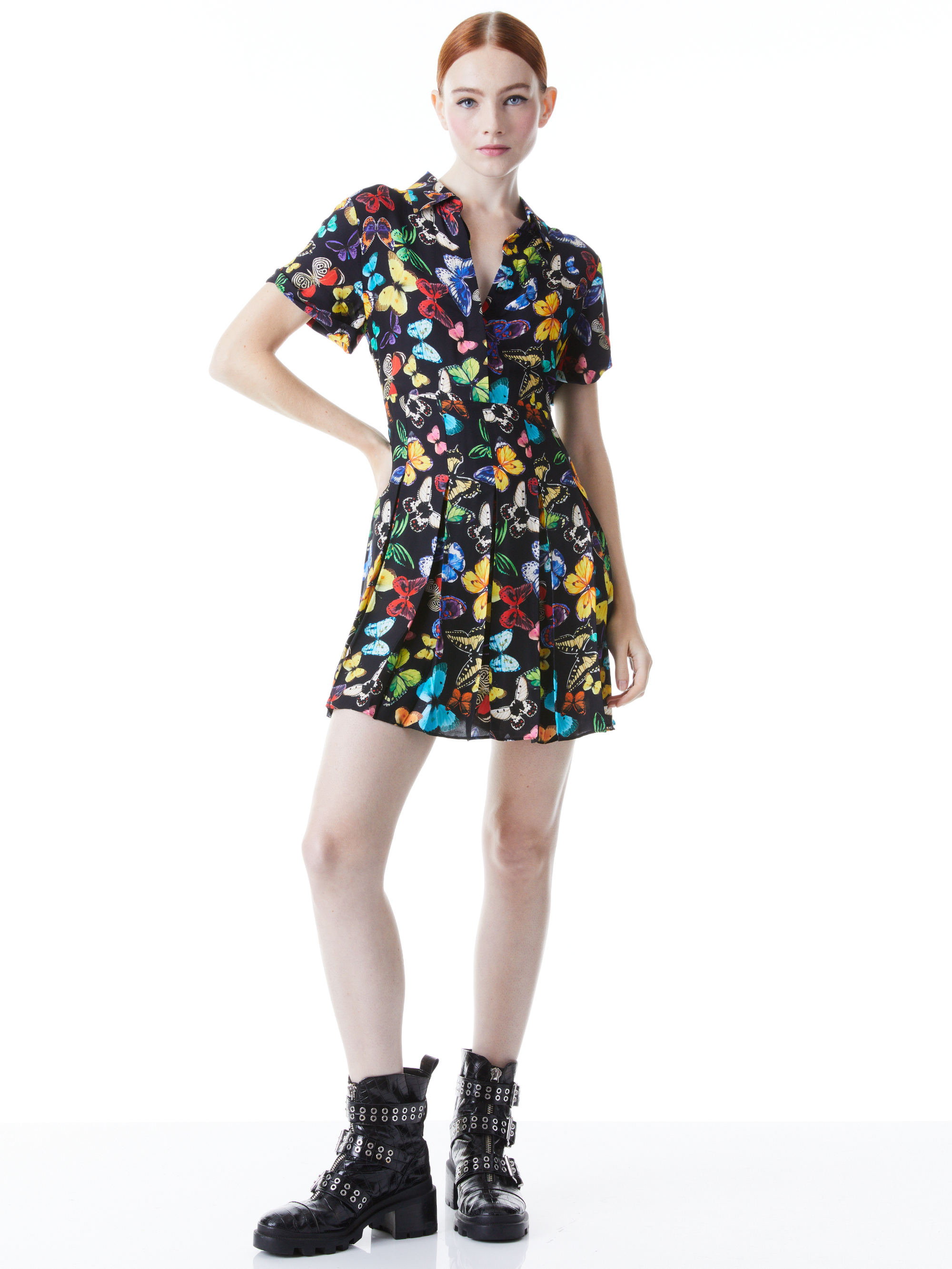 Tori Short Sleeve Pleated Shirt Dress In Butterfly High Black | Alice ...