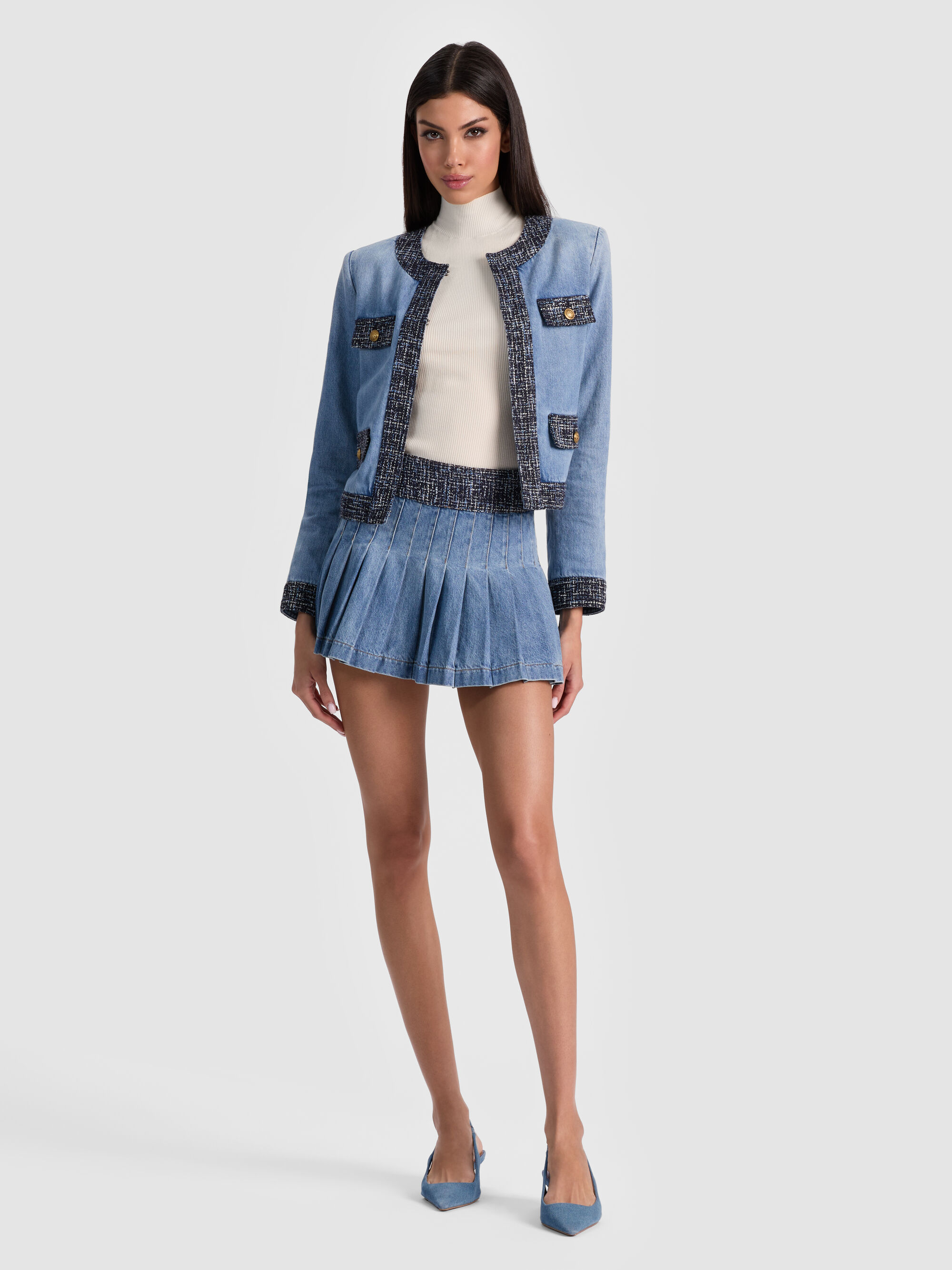 LANDON CROPPED DENIM JACKET in CELINE VINTAGE | ALICE + OLIVIA