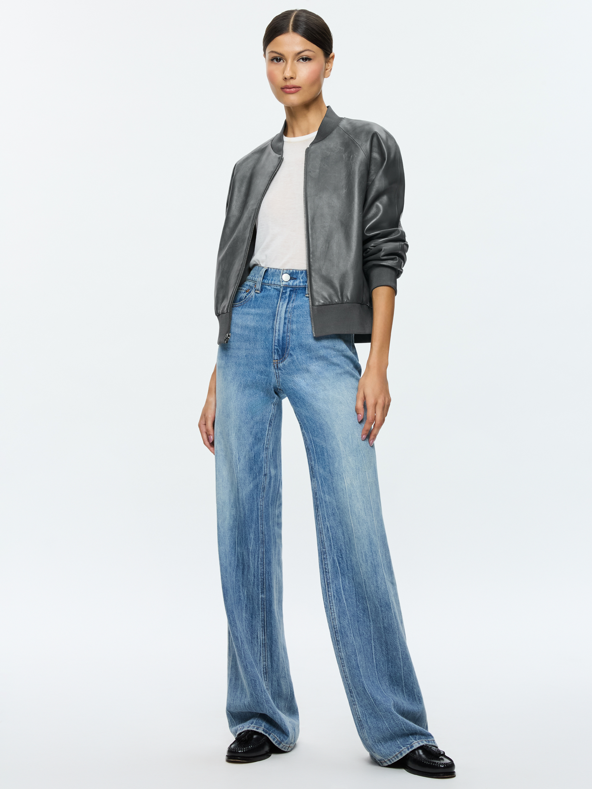 Felisa Leather Bomber In Charcoal | Alice + Olivia