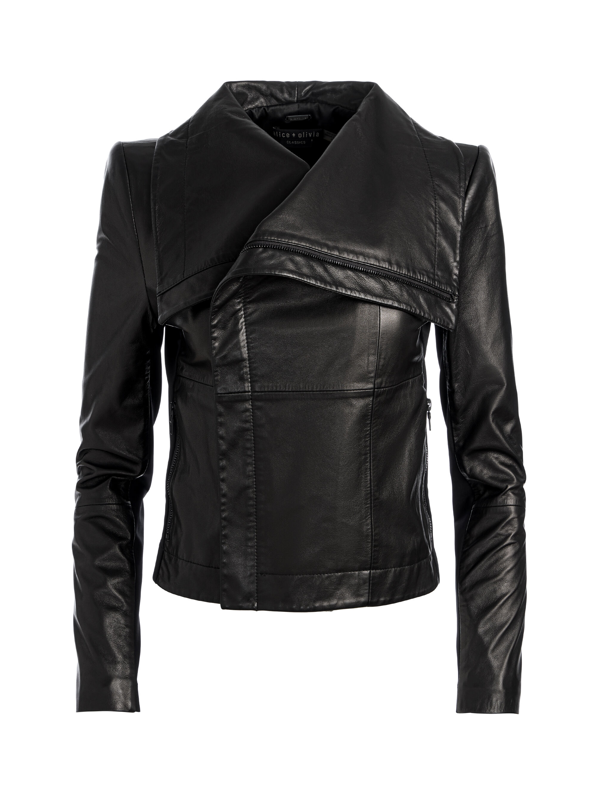 NITA LEATHER DRAPE FRONT JACKET in BLACK | ALICE + OLIVIA